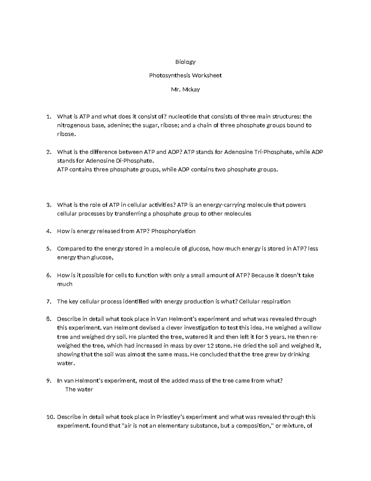 Photosynthesis Worksheet - Biology Photosynthesis Worksheet Mr. Mckay ...