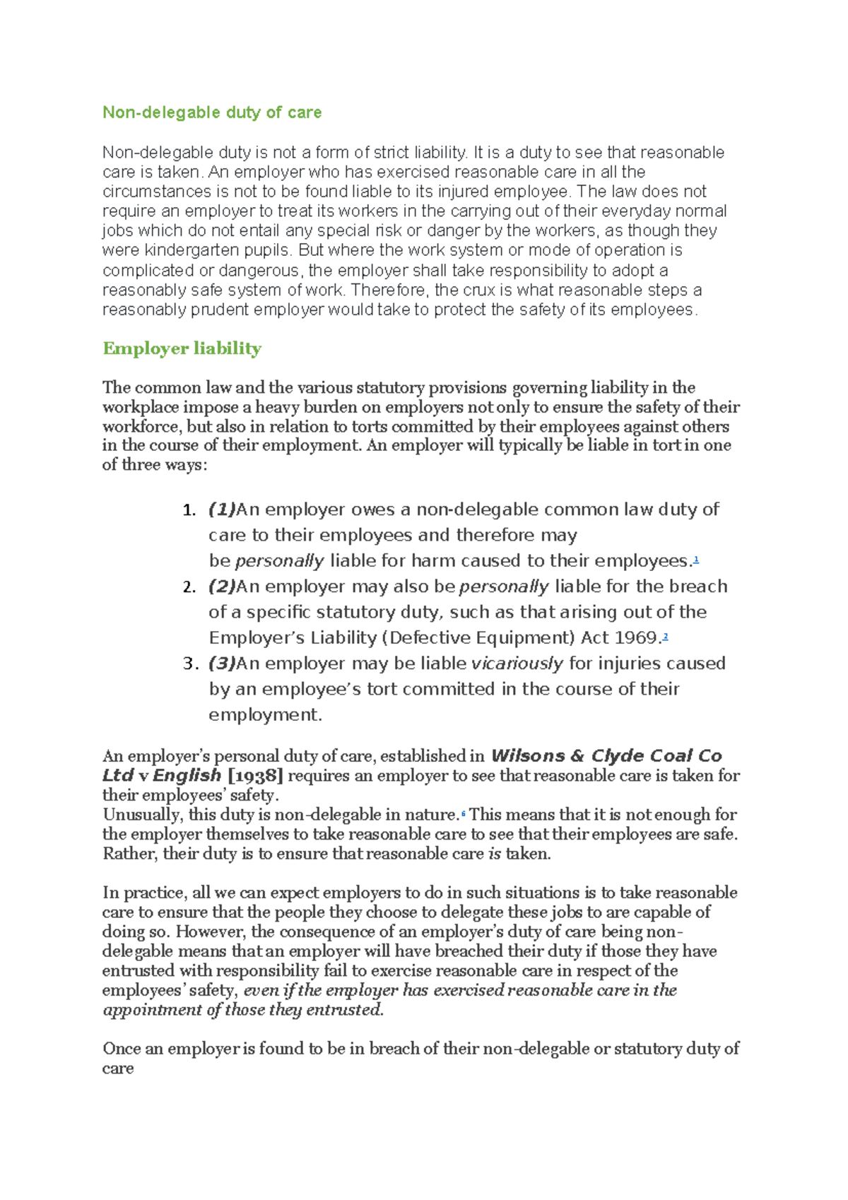 Tort law- employer liability - Non-delegable duty of care Non-delegable ...