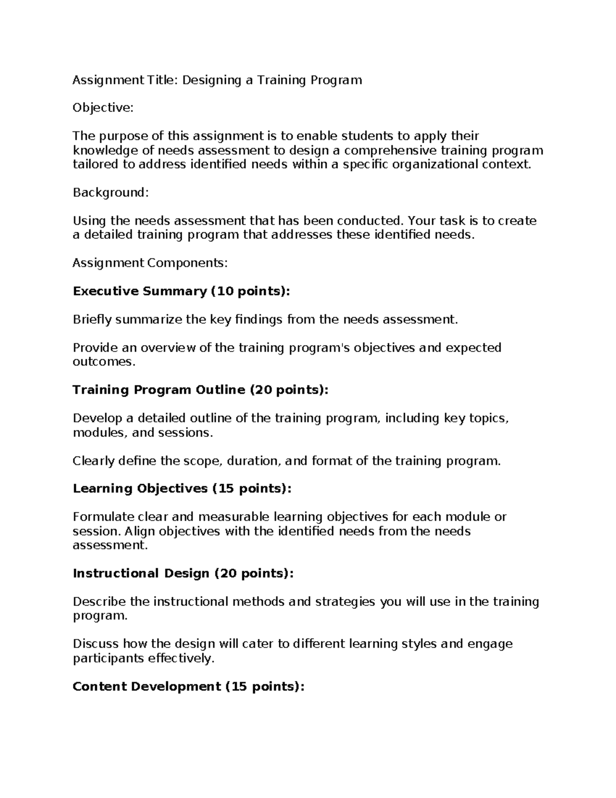 Training program - Assignment - Assignment Title: Designing a Training ...