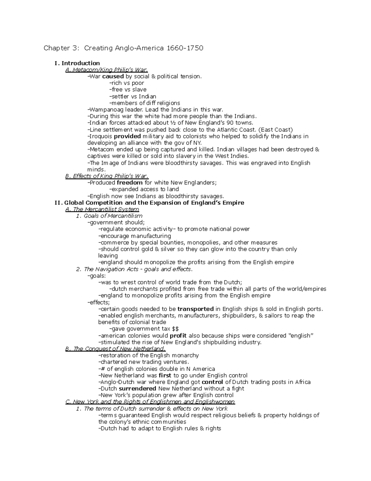 Ch3 Apush Notes - Chapter 3: Creating Anglo-America 1660- I ...
