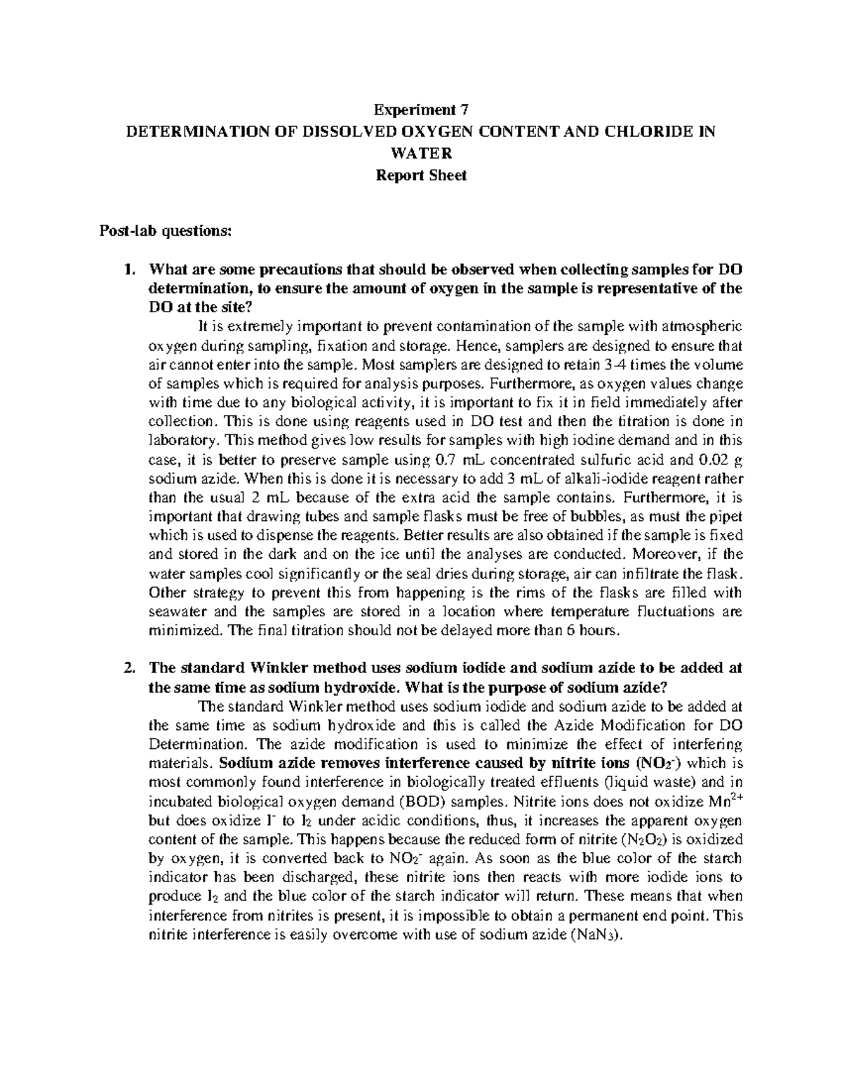Report Sheet Determination of Dissolved Oxygen Content and Chloride in ...