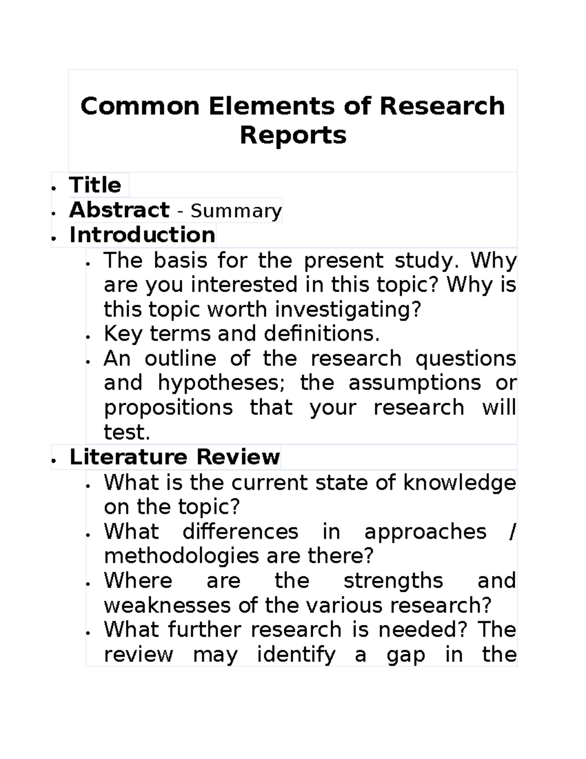 Common Elements of Research Reports - Common Elements of Research ...