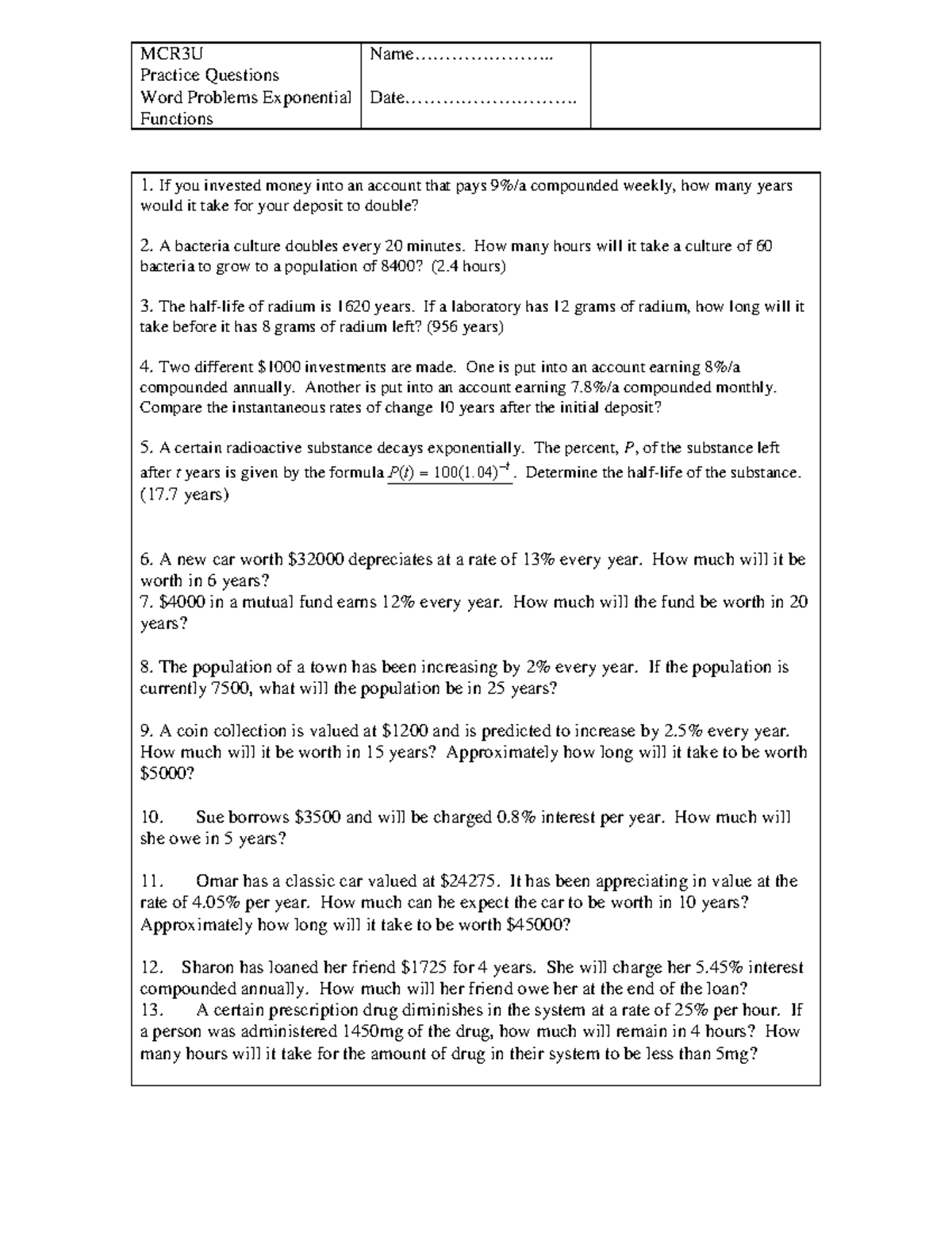 Word problems exp functions - MCR3U Practice Questions Word Problems ...