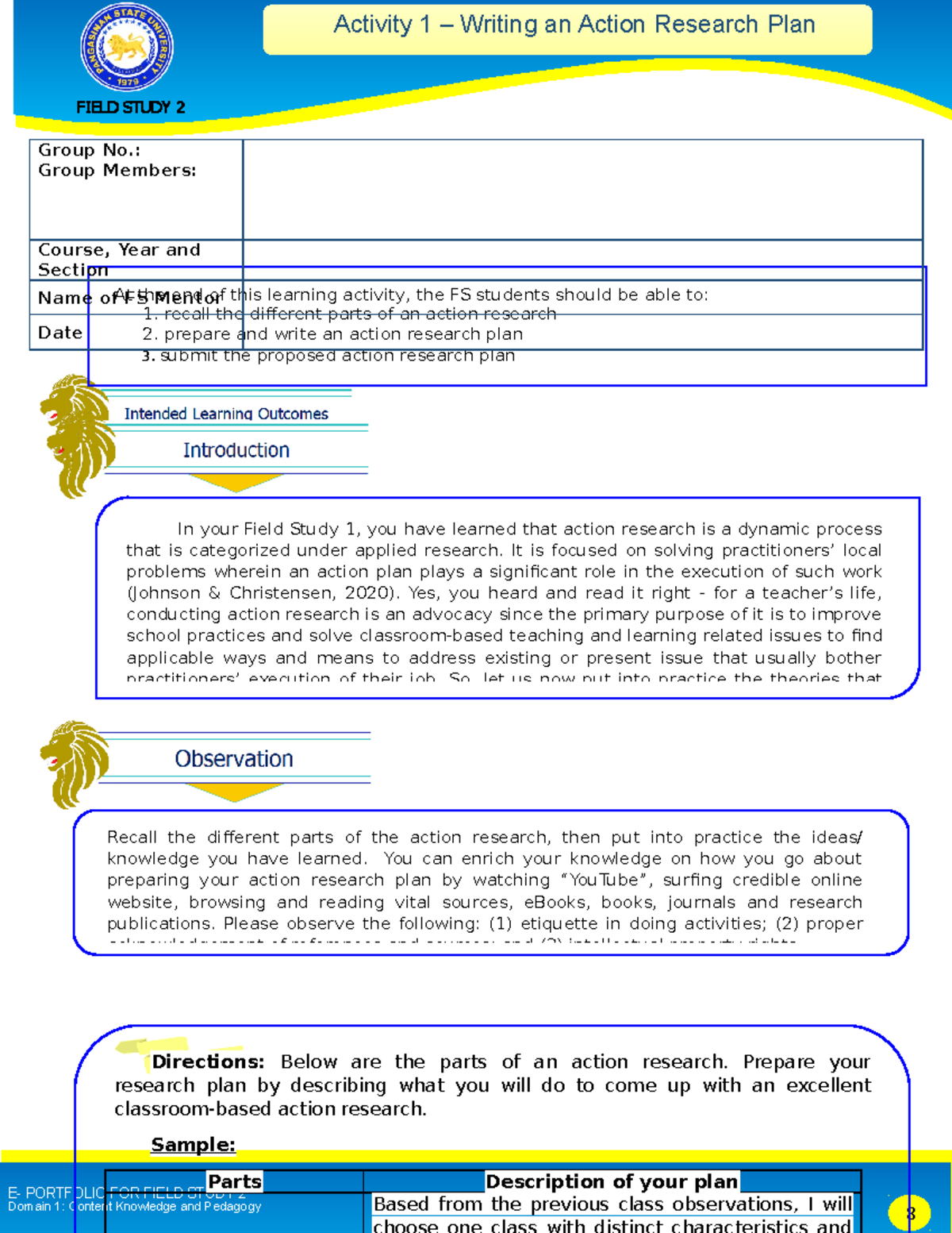 FS 2 Activity 1 - None - E- PORTFOLIO FOR FIELD STUDY 2 Domain 1 ...