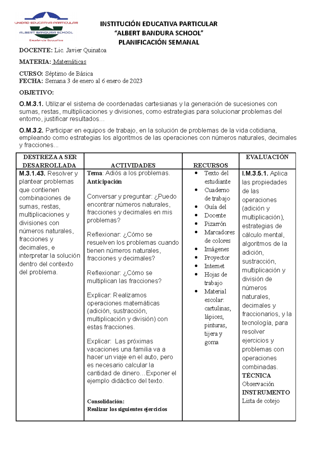 Planificacion semanal enero matemáticas - “ALBERT BANDURA SCHOOL ...