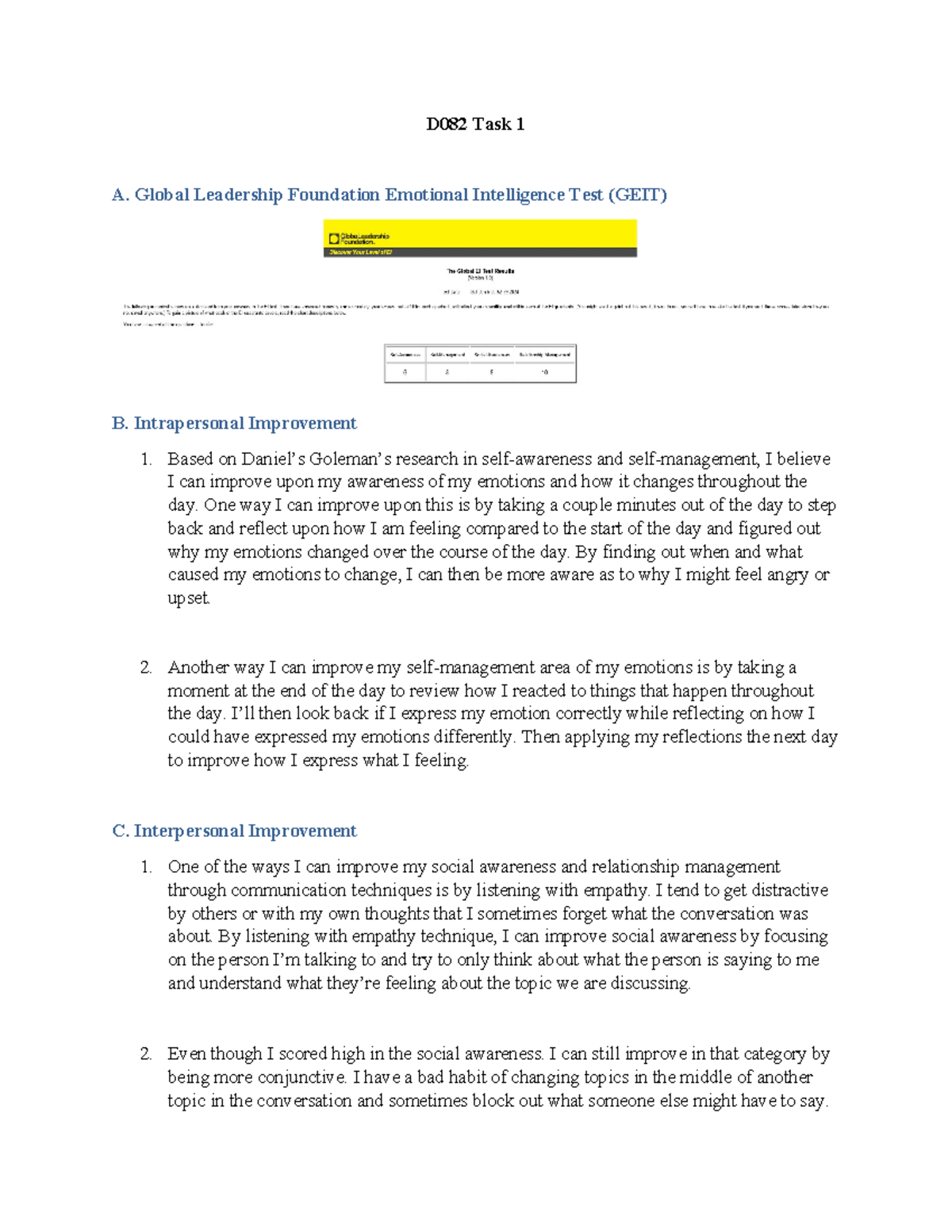 D082 Task 1 - Emotional And cultural IT task 1 - D082 Task 1 A. Global ...