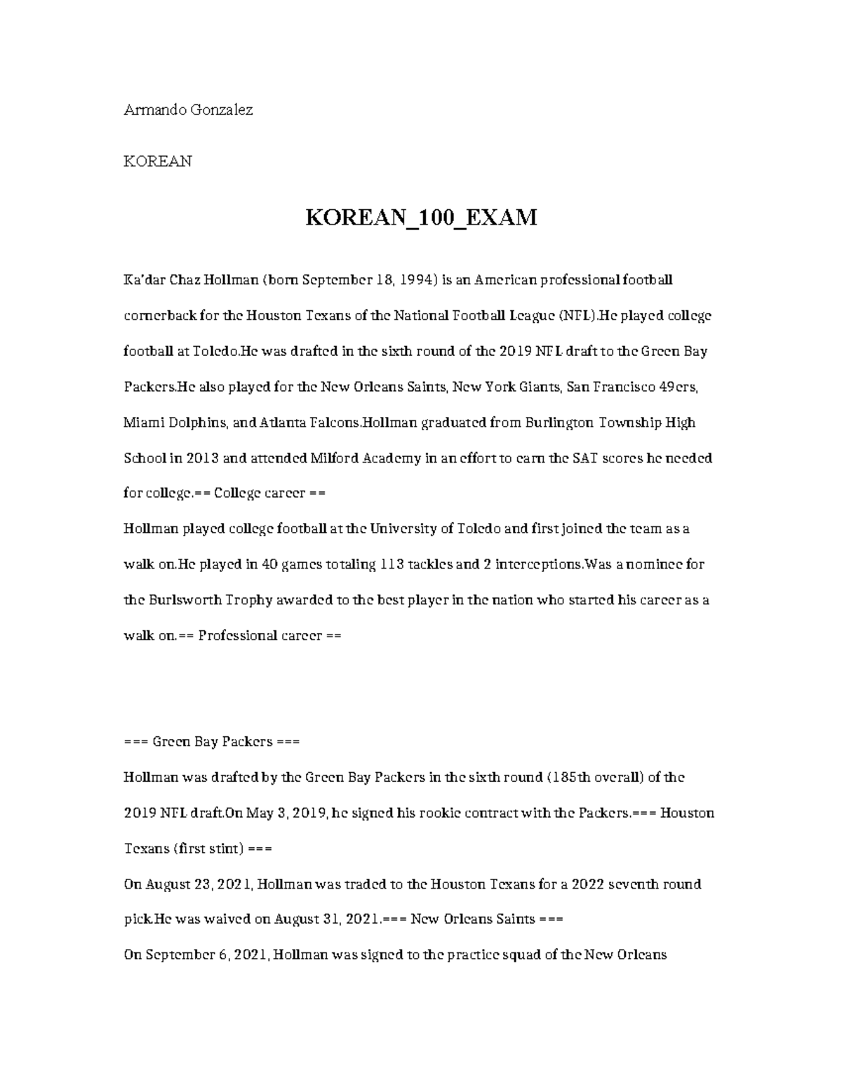 Korean 100 EXAM - 9999999 - Armando Gonzalez KOREAN KOREAN_100_EXAM Ka ...
