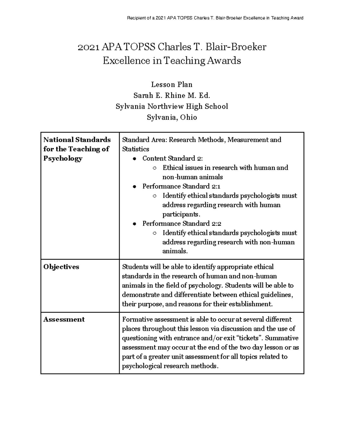 2 Day Ehtichs Lesson Plan - 2021 APA TOPSS Charles T. Blair-Broeker ...