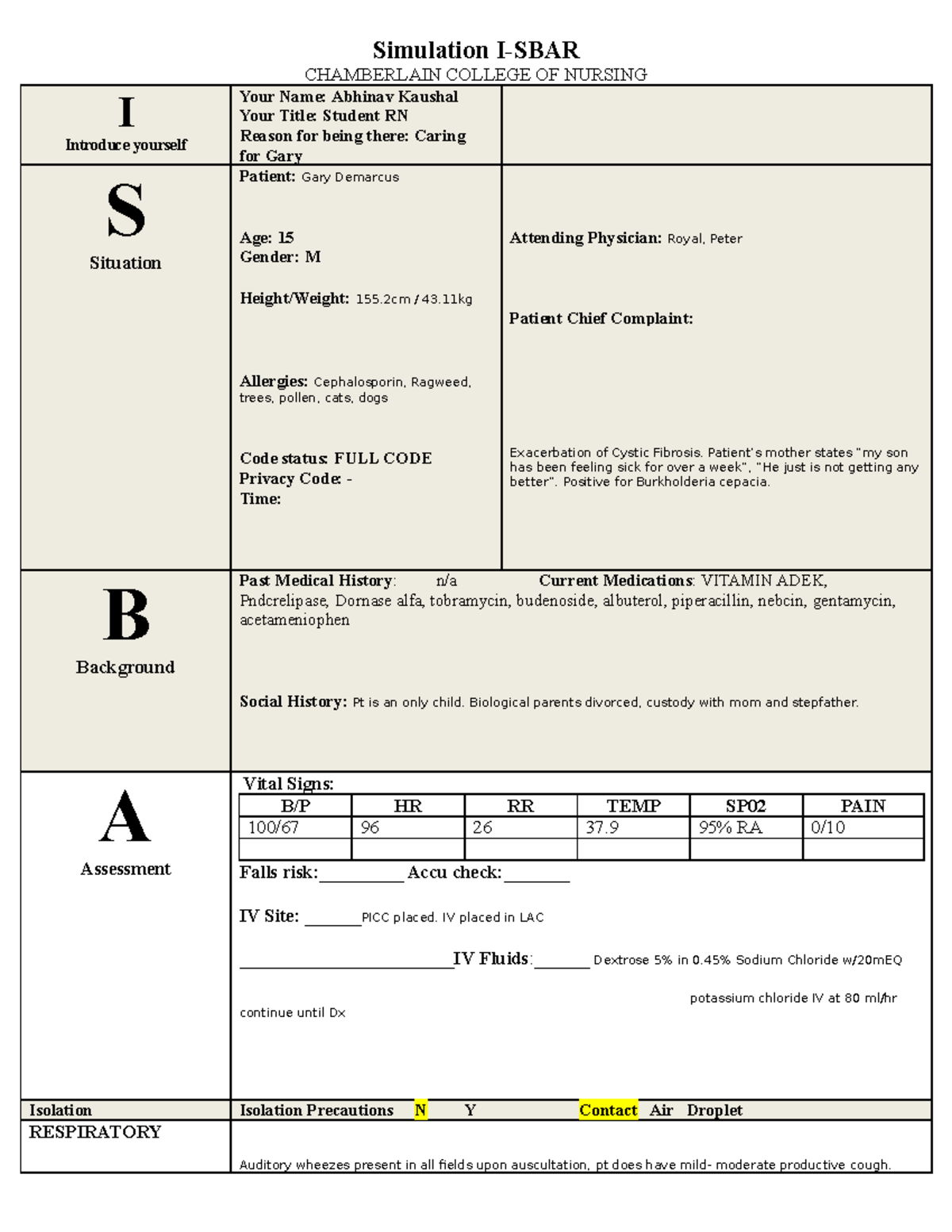 Isbar Cystic Fibrosis PEDS - Simulation I-SBAR CHAMBERLAIN COLLEGE OF ...