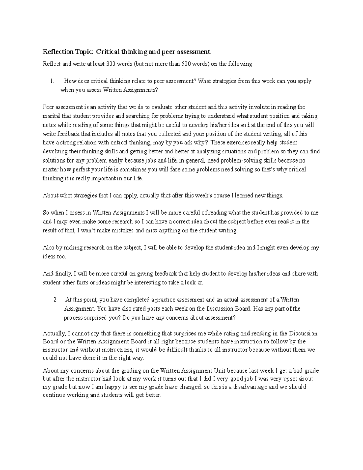 Learning Journal Unit 4 - Reflection Topic: Critical thinking and peer ...