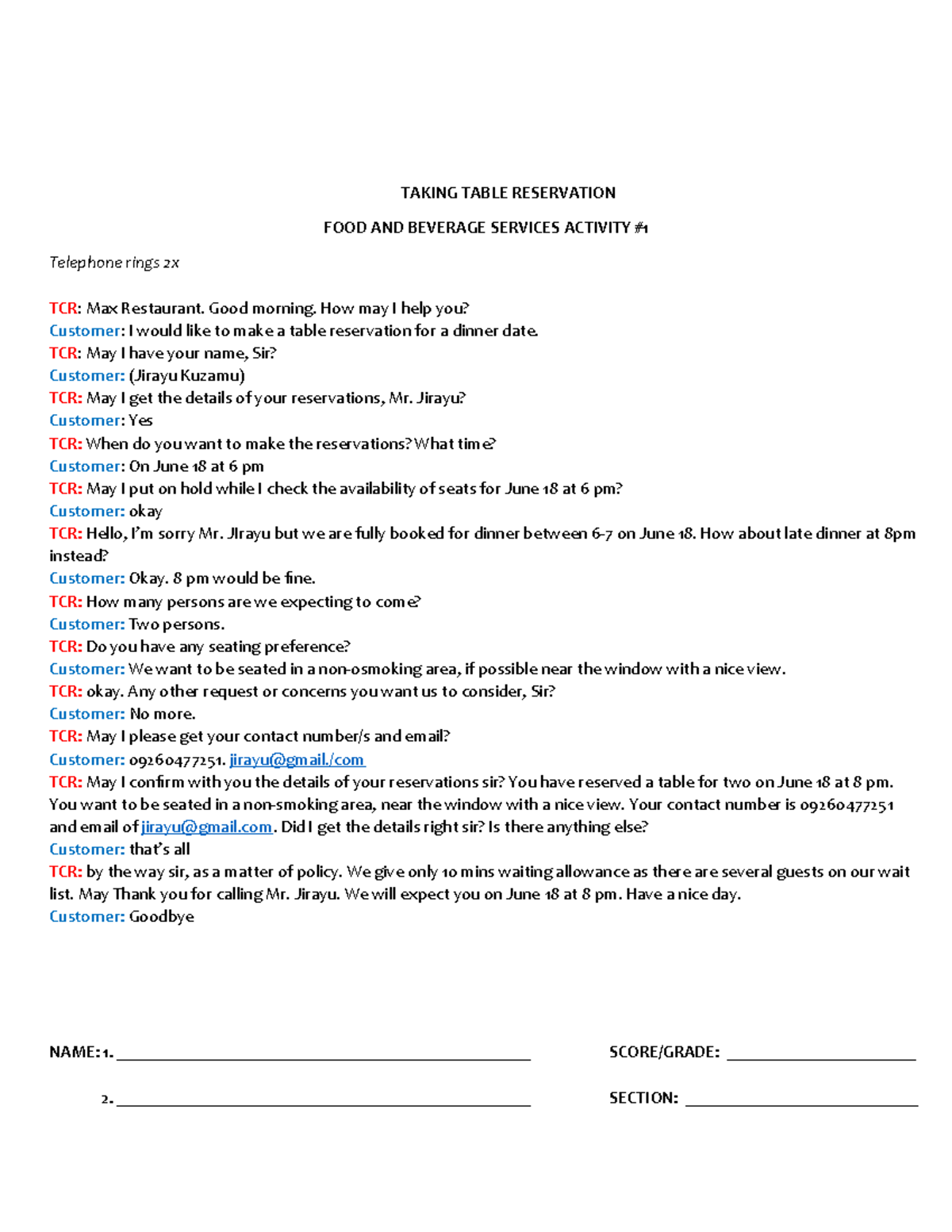 1. Taking Table Reservation - TAKING TABLE RESERVATION FOOD AND ...