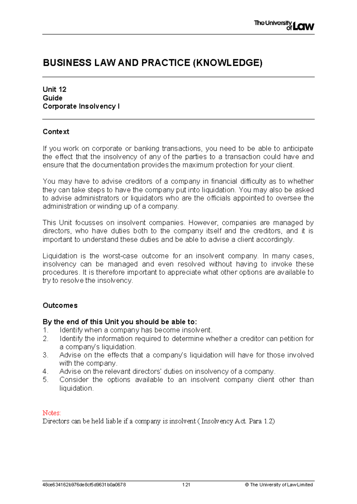 Business Law Workshop 12 -15 - BUSINESS LAW AND PRACTICE (KNOWLEDGE ...