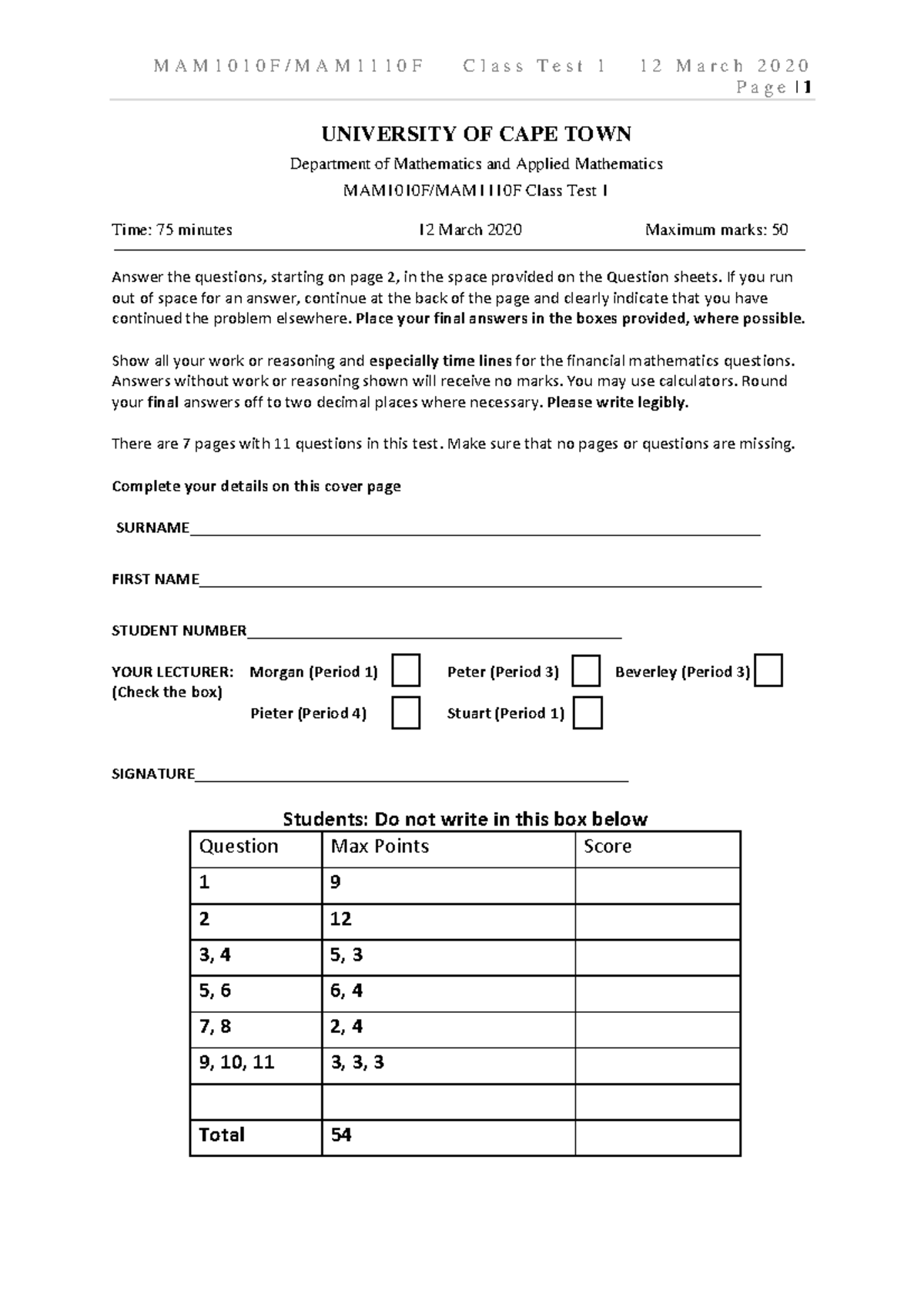 MAM1010F 2020 Class Test 1 - P a g e | 1 UNIVERSITY OF CAPE TOWN ...