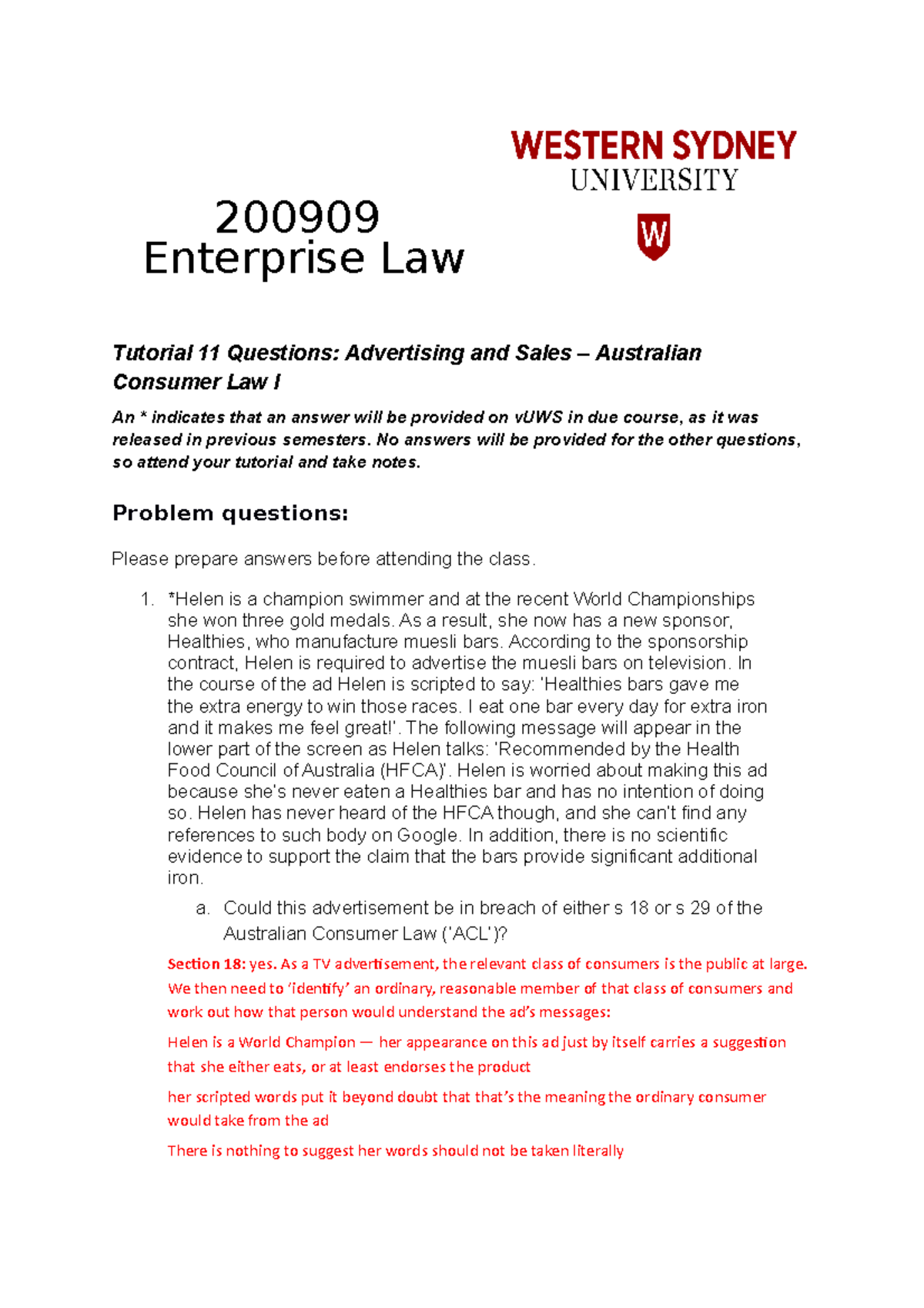 Tutorial 11 Answers - for revision purposes - 200909 Enterprise Law ...