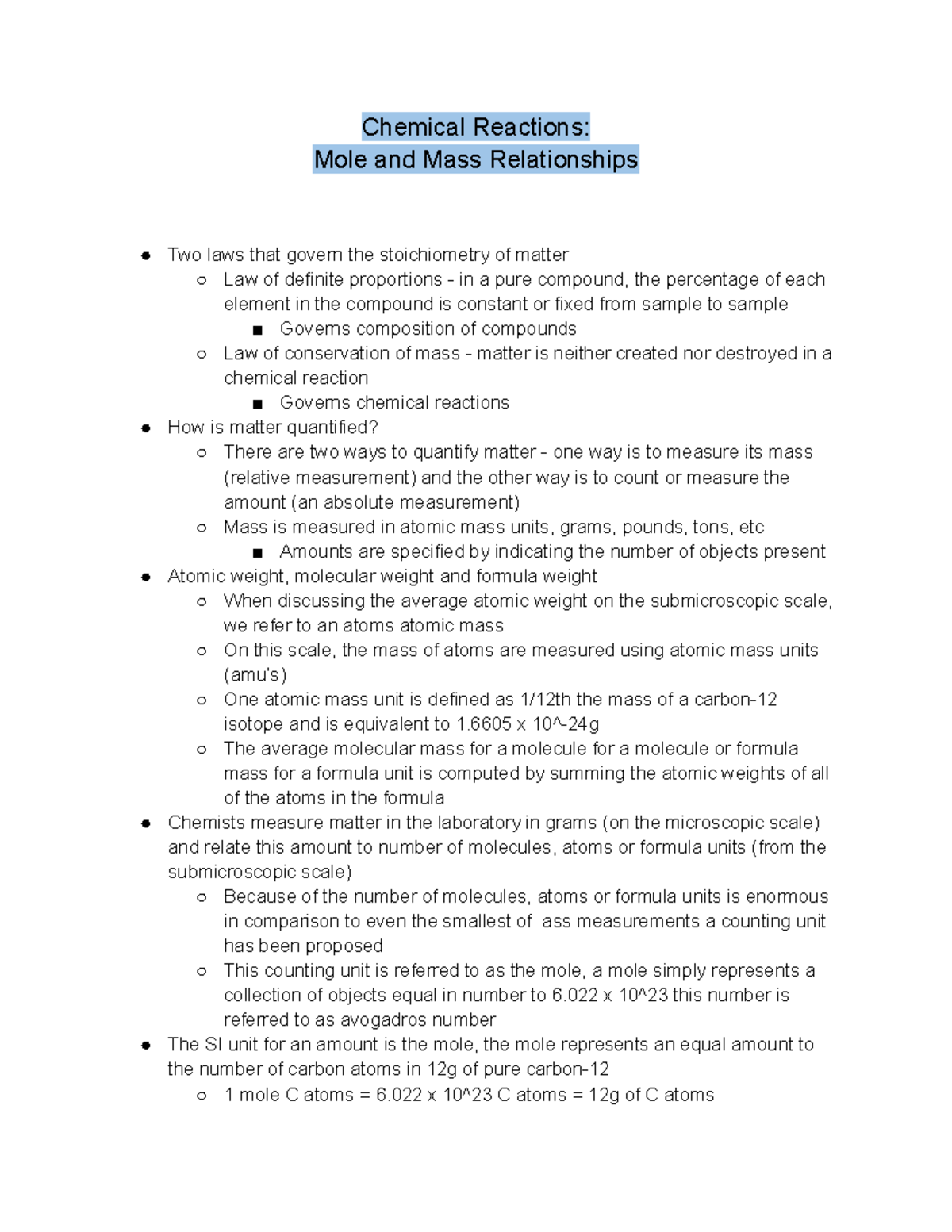 CHEM 1120 - Chapter 6 - David Rudell - Chemical Reactions: Mole and ...