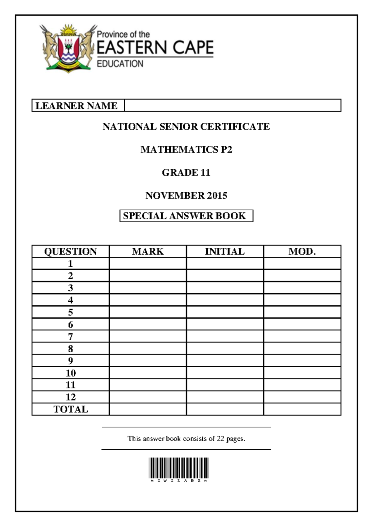 11 Exam ECED-Common Paper 2015-11 P2 Answer Book - LEARNER NAME ...