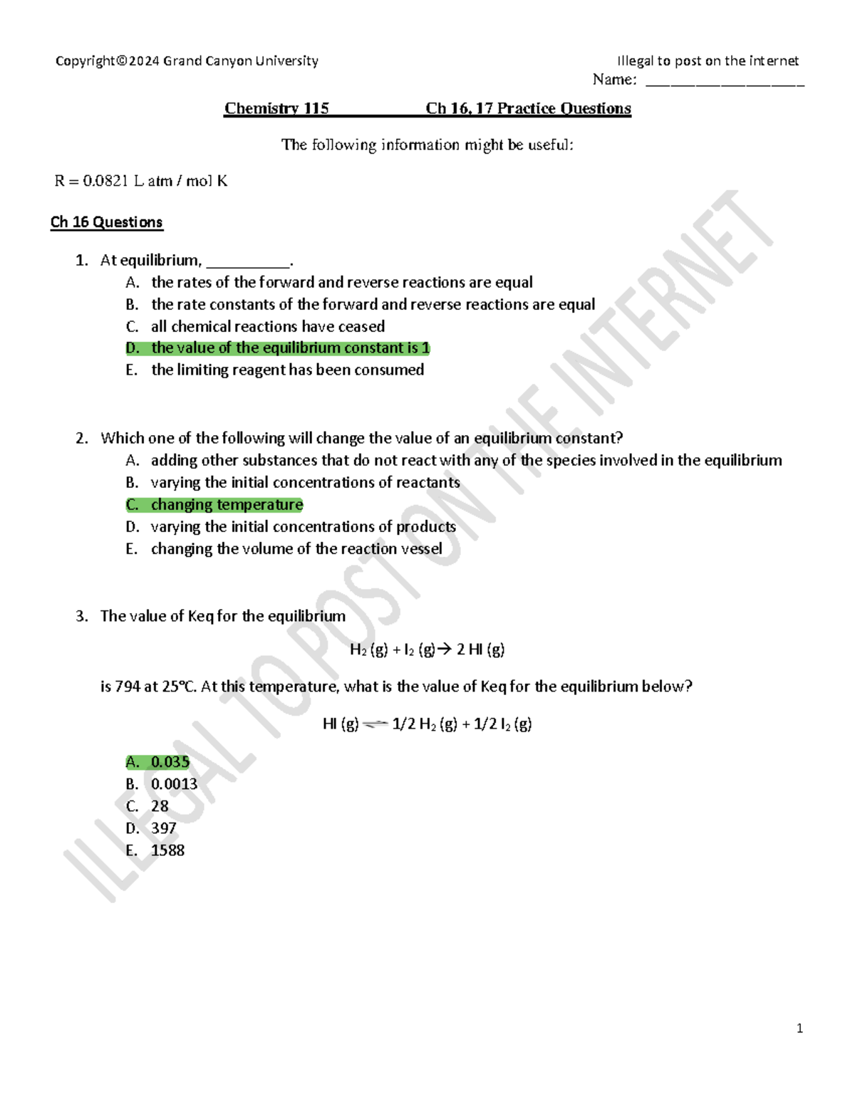 PQ2 - Ch 16, 17 Practice Questions FA2024 Final-2 - Name: ___________________ Chemistry 115 Ch 1 ...