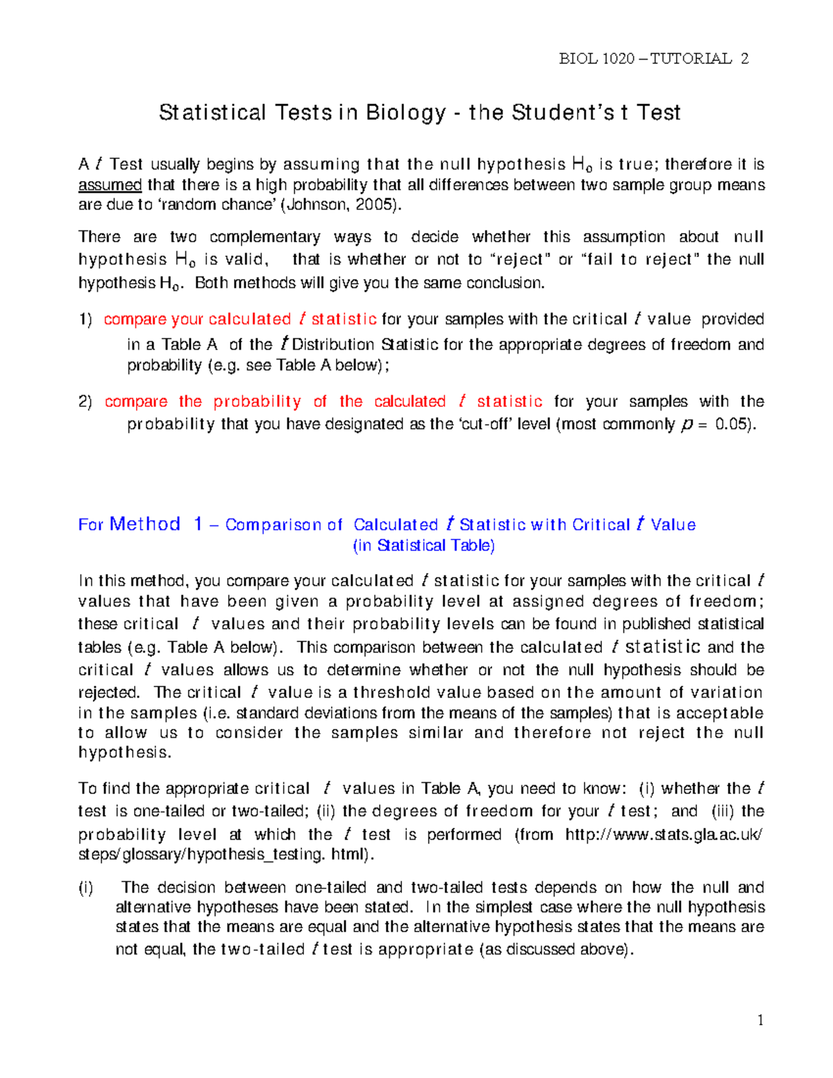 T-test Summary - Statistical Tests in Biology - the Student’s t Test A ...
