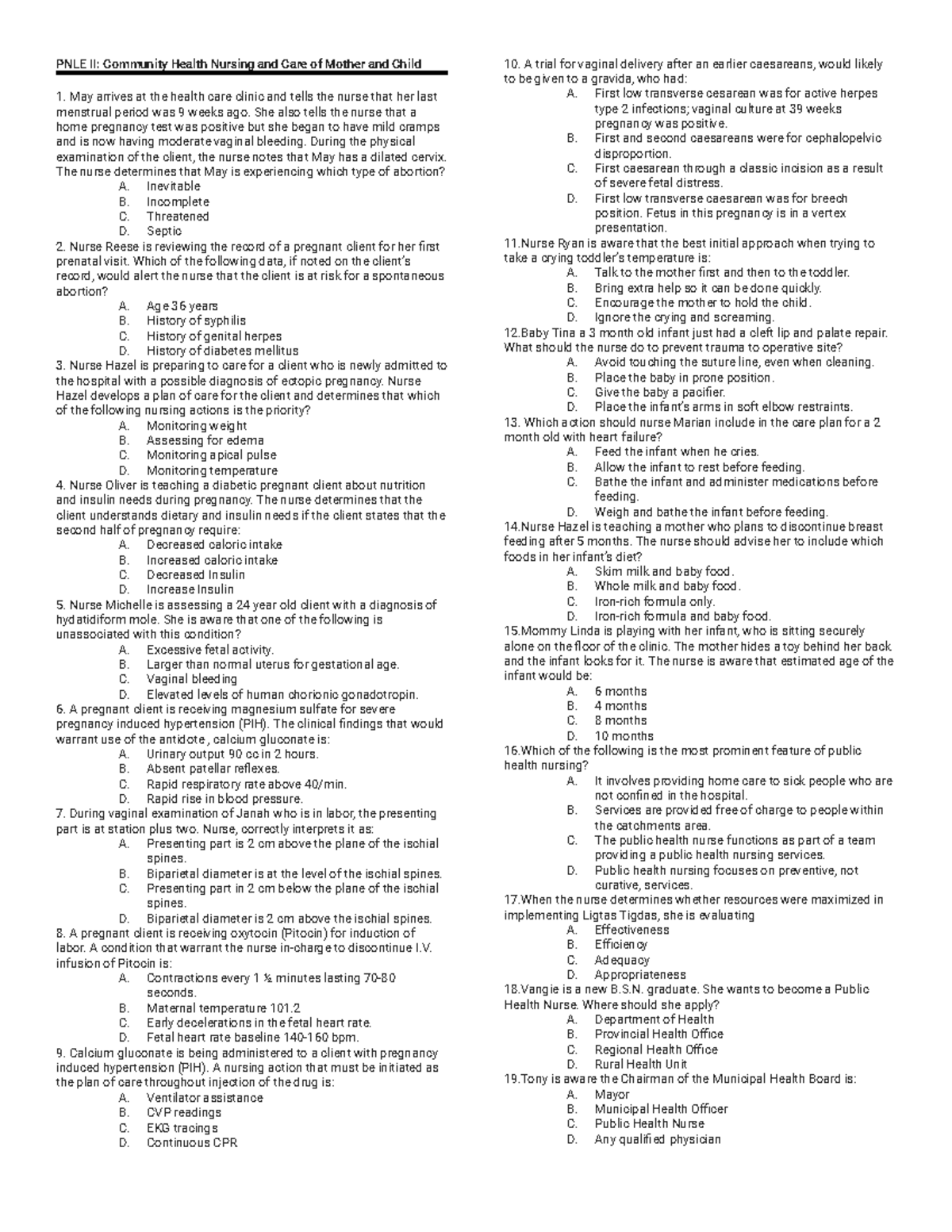 PNLE-II - PNLE Practice Questions - PNLE II: Community Health Nursing ...