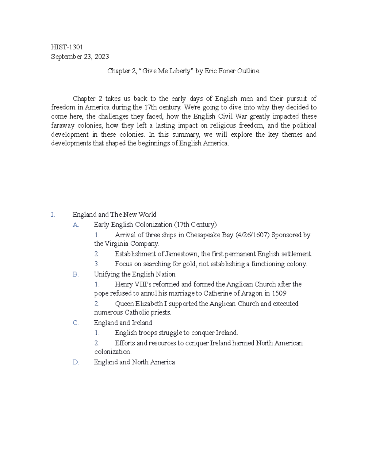 Chapter 2 Outline Give Me Liberty - HIST- September 23, 2023 Chapter 2 ...