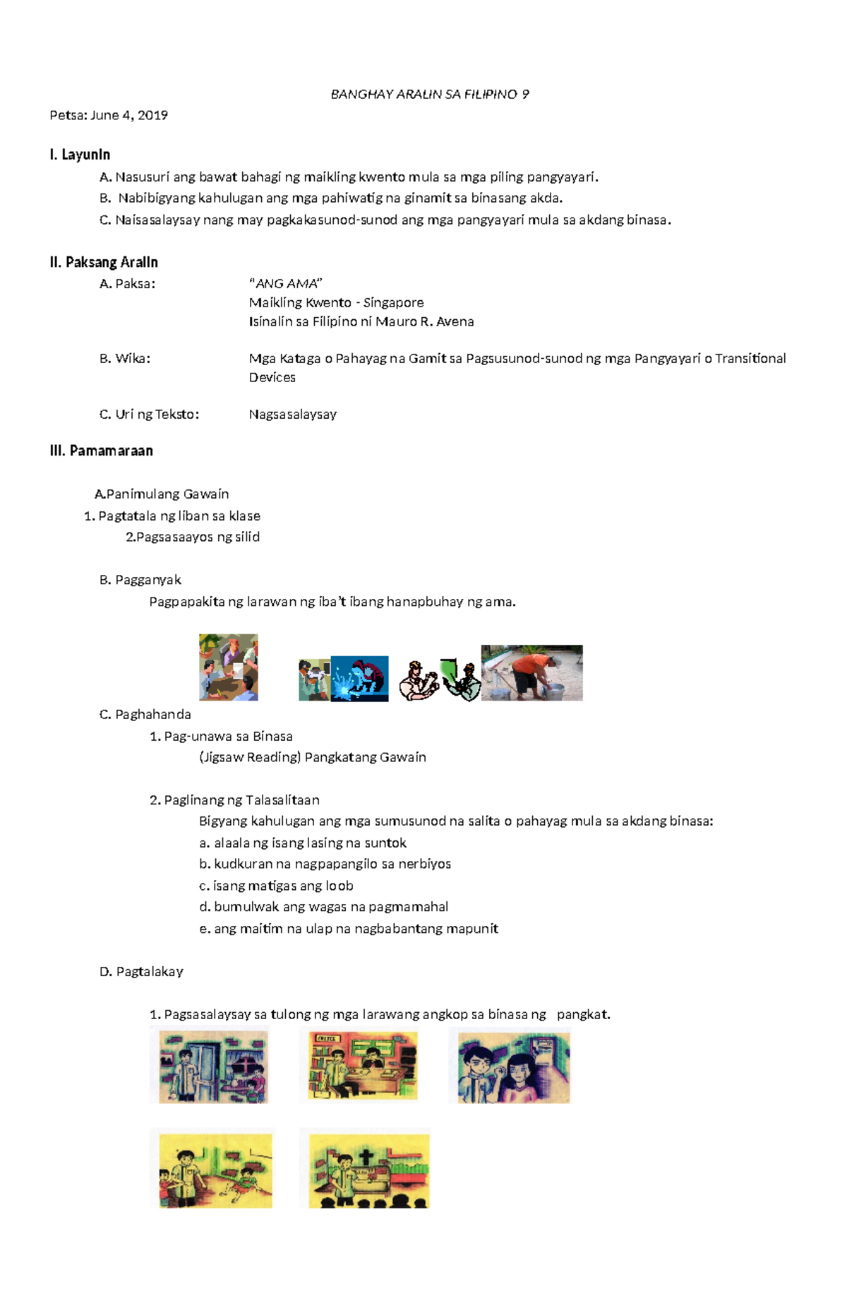 Banghay Aralin SA Filipino 9 Bilang Baha - Petsa: June 4, 2019 I ...