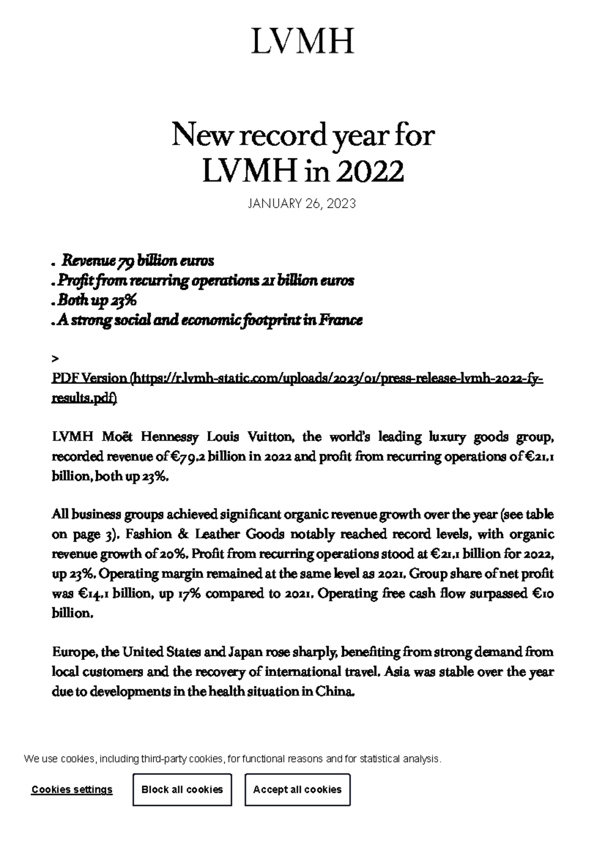 New record year for LVMH in 2022 - LVMH - New record year for LVMH in 2022 JANUARY 26, 2023 ...