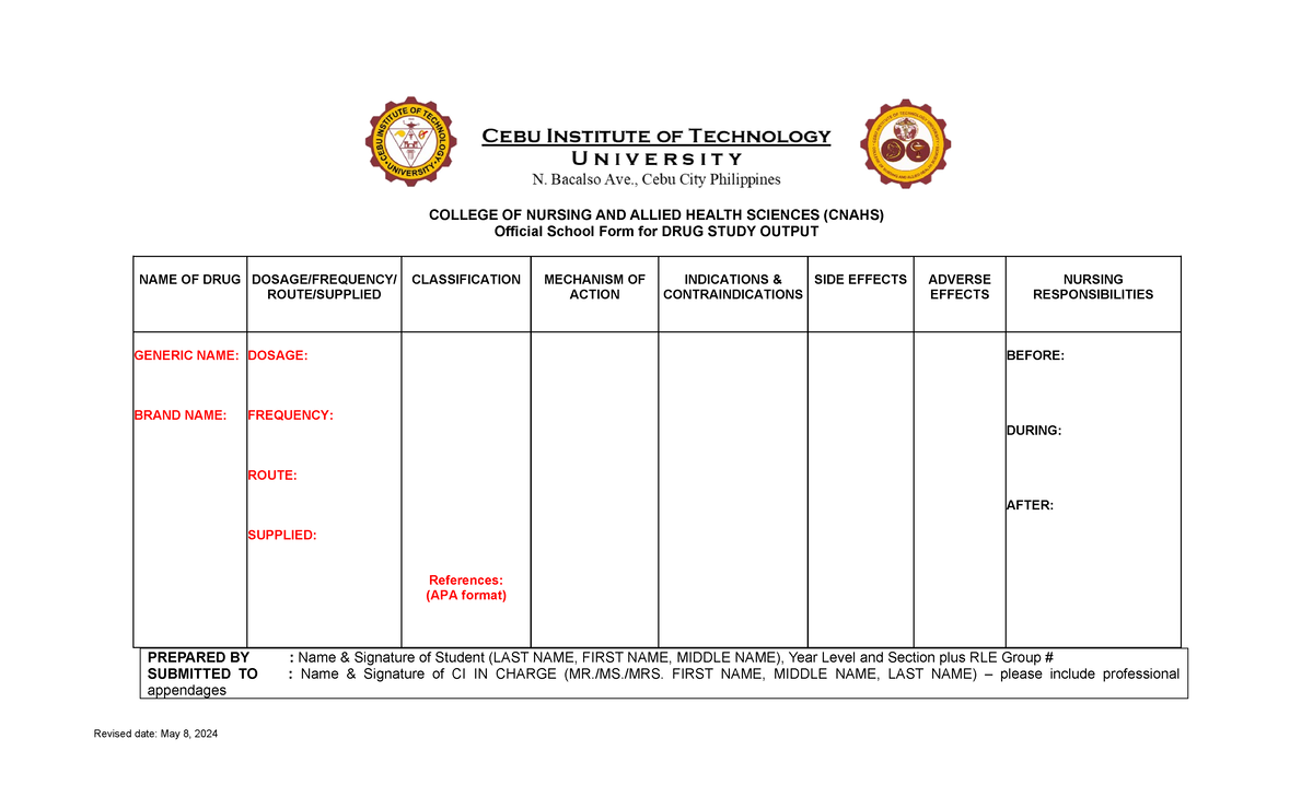 Format Drug Studies and NCPs - COLLEGE OF NURSING AND ALLIED HEALTH ...