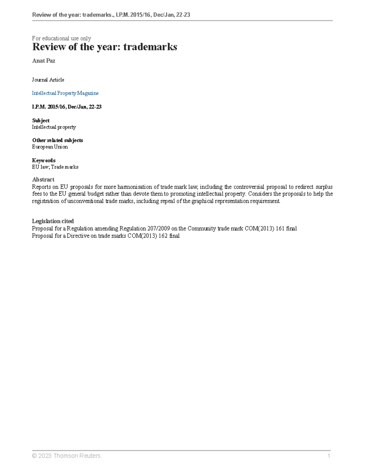 Review of the year trademarks - , I.P. 2015/16, Dec/Jan, 22- © 2023 ...