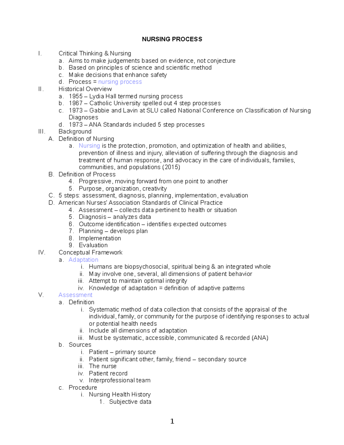 Nursing process Notes - NURSING PROCESS I. Critical Thinking & Nursing ...