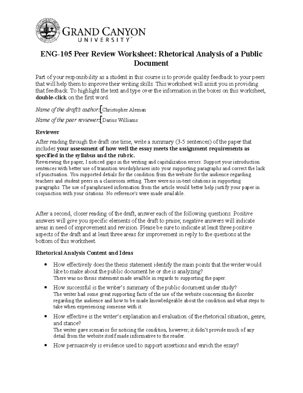 ENG105 Rhetorical Analysis Peer Review Worksheet - ENG-105 Peer Review ...