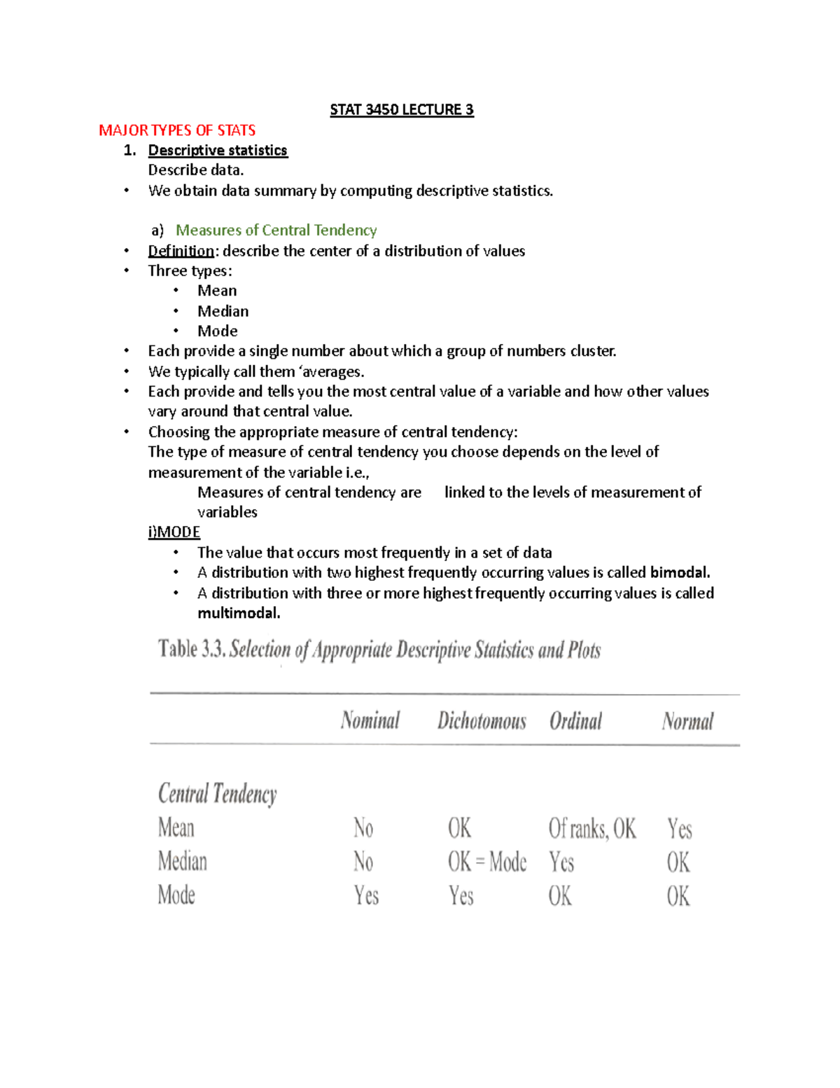 STAT 3450 lecture 3 - notes - STAT 3450 LECTURE 3 MAJOR TYPES OF STATS ...