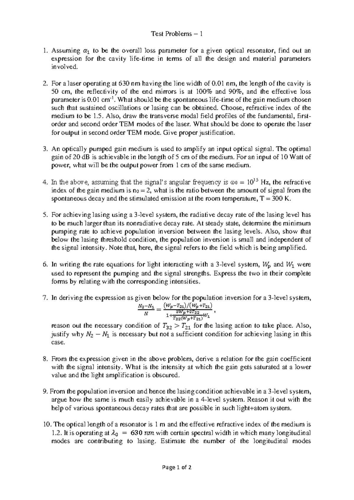 Practice Problems 1 - Optics notes - Page 1 of 2 Test Problems – 1 ...