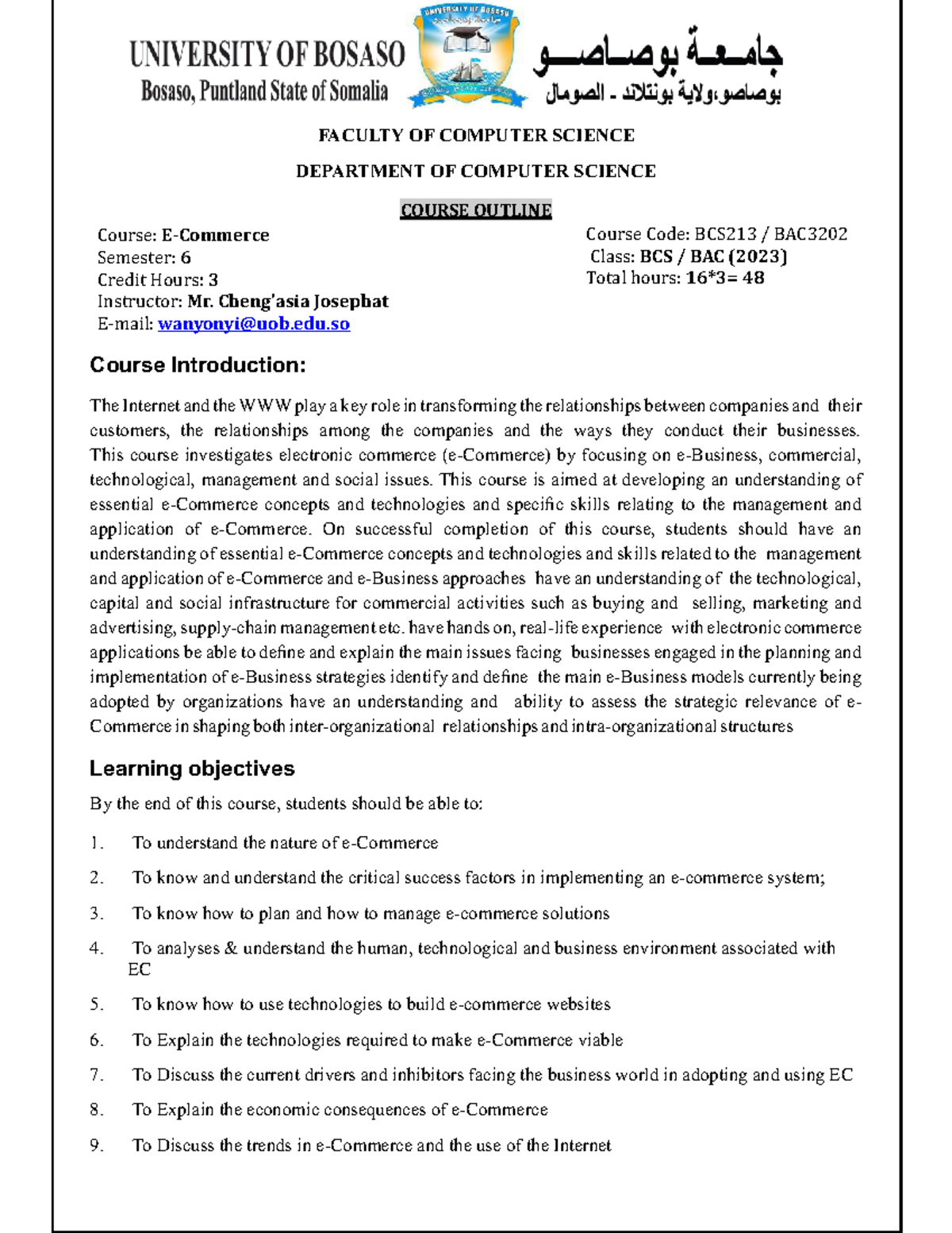 E Commerce Course Outline - COURSE OUTLINE Course: E-Commerce Semester ...