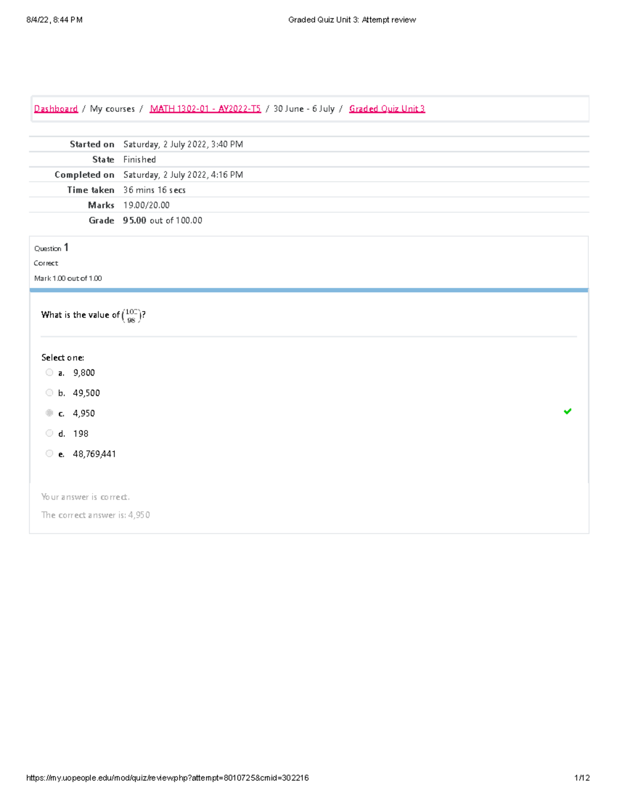 Math 1302 Graded Quiz Unit 3 - Started on Saturday, 2 July 2022, 3:40 ...