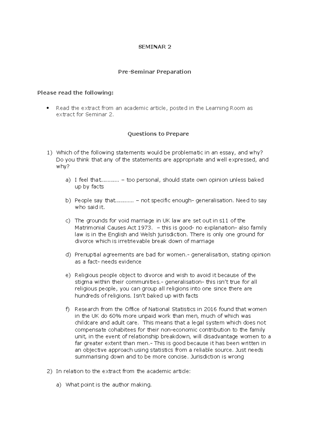 Seminar 2 - part 2 - SEMINAR 2 Pre-Seminar Preparation Please read the ...