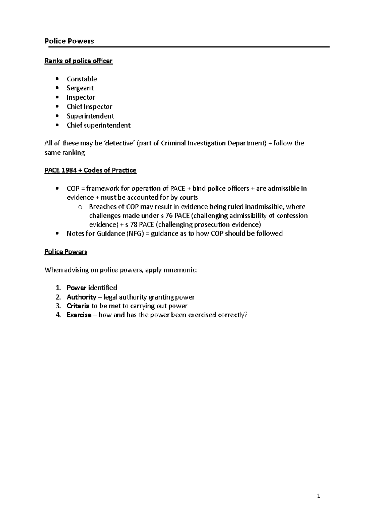 02 Police Powers - criminal litigation - 1 Police Powers Ranks of ...