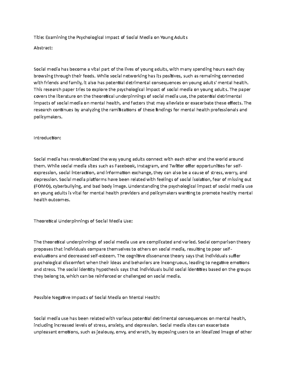 Examining the Psychological Impact of Social Media on Young Adults ...