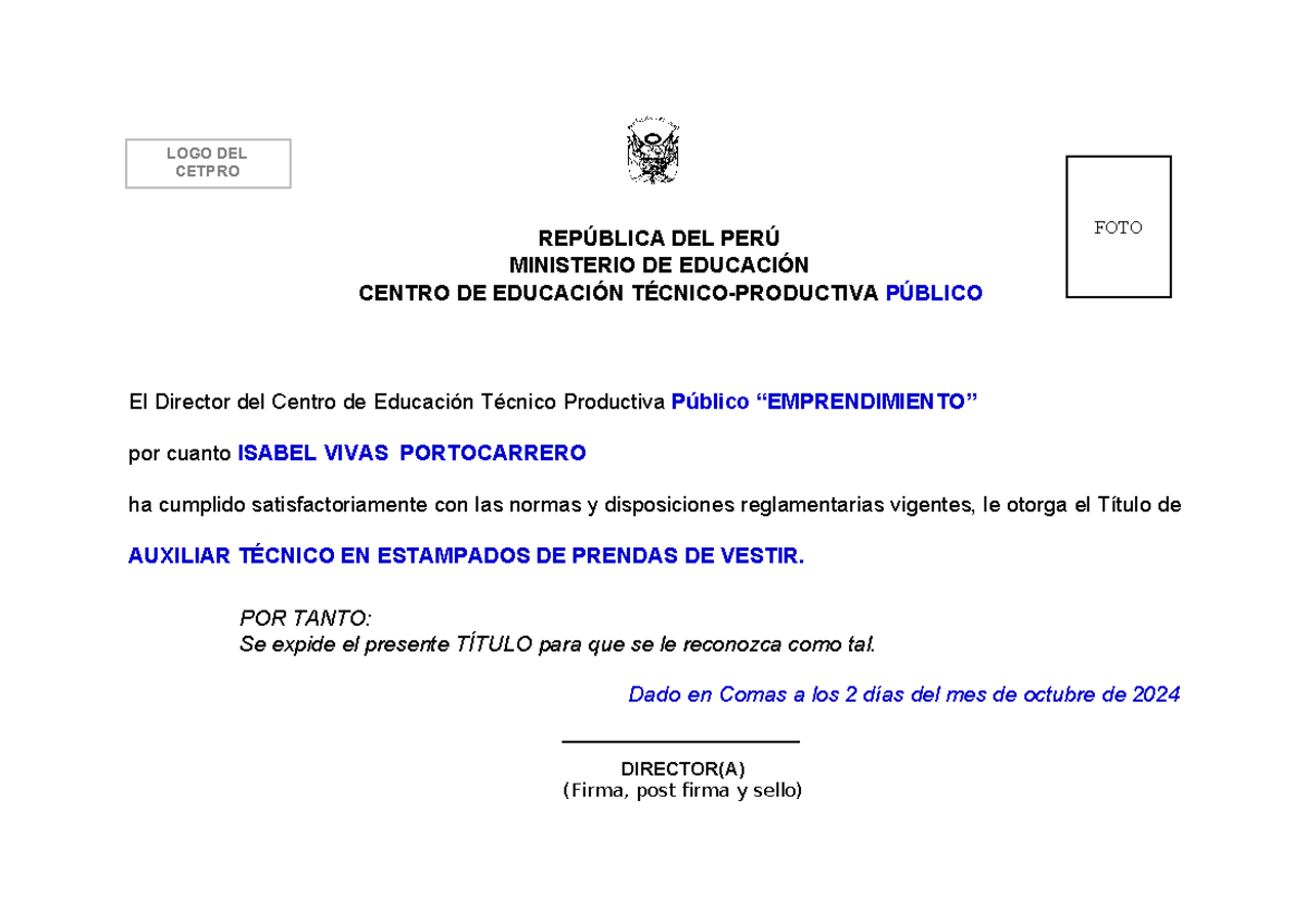 titulo a nombre del cetpro - REPÚBLICA DEL PERÚ MINISTERIO DE EDUCACIÓN CENTRO DE EDUCACIÓN ...