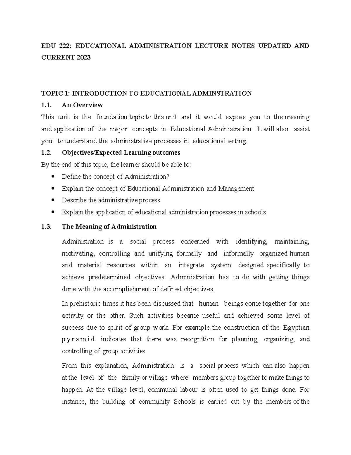 EDU 222 Educational Administration Lecture Notes Updated AND Current ...