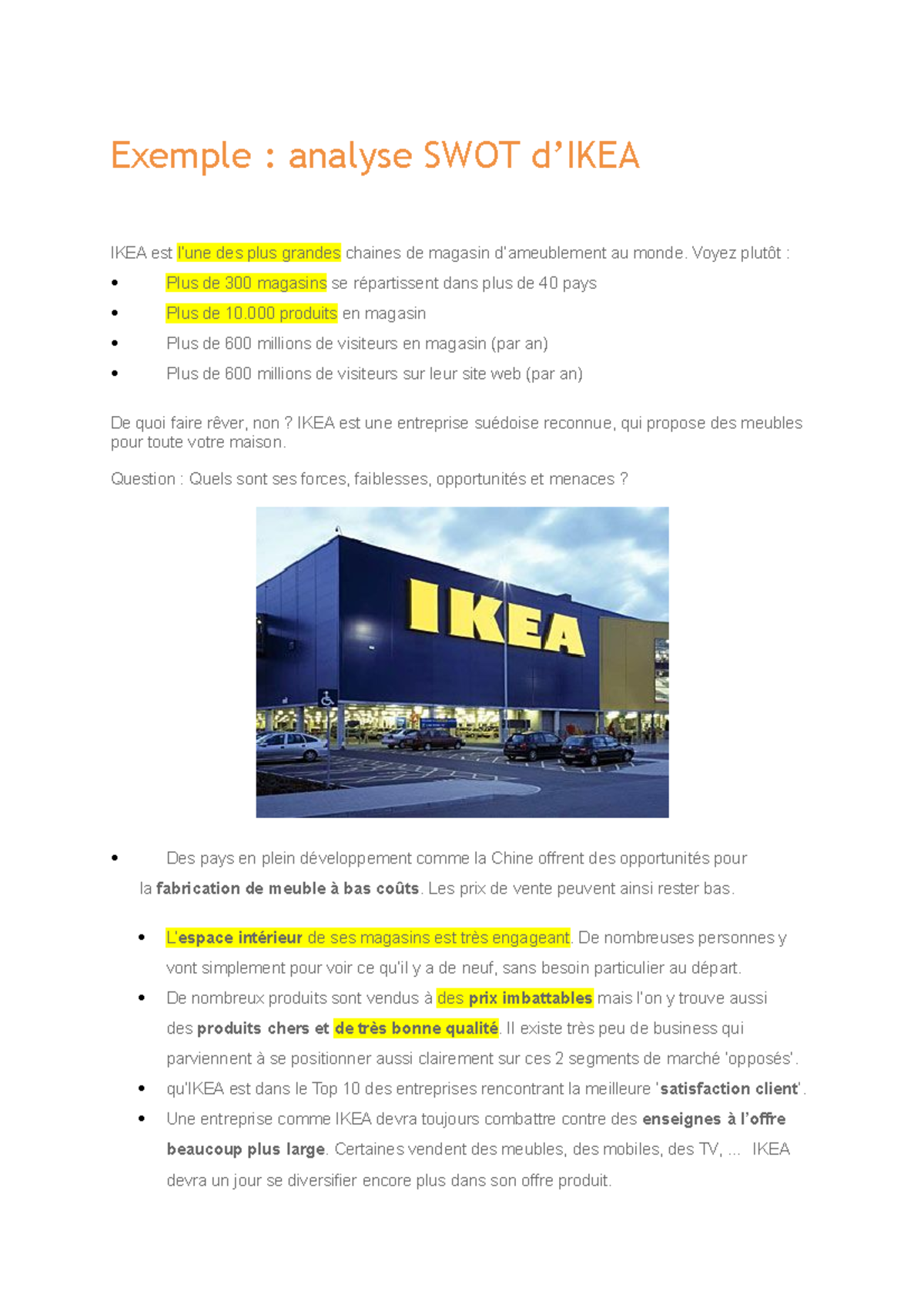Exercice SWOT - personal effort - Exemple : analyse SWOT d’IKEA IKEA ...