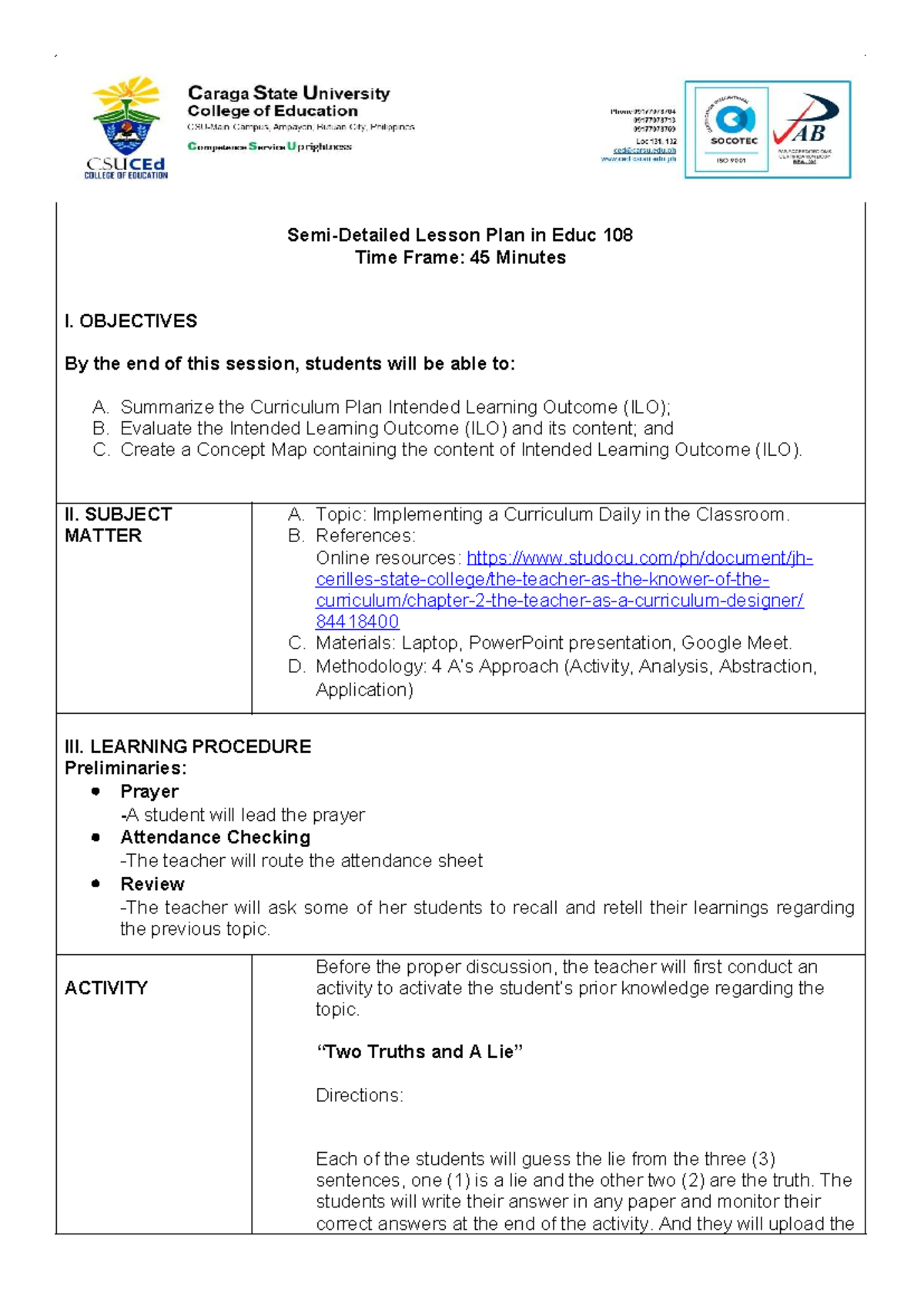 D Lesson plan initial - Semi-Detailed Lesson Plan in Educ 108 Time ...