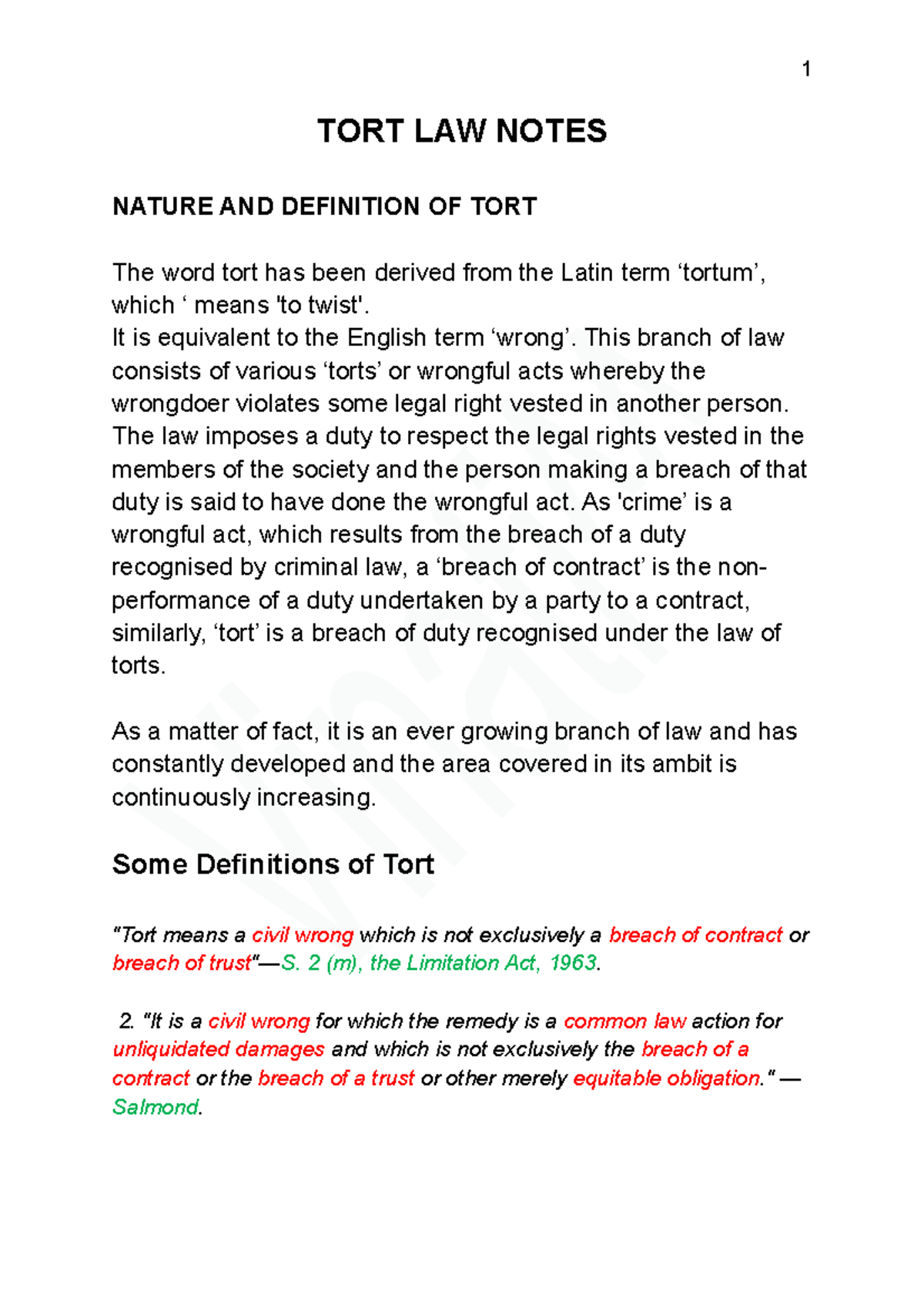 TORT LAW Notes - umbu - TORT LAW NOTES NATURE AND DEFINITION OF TORT ...