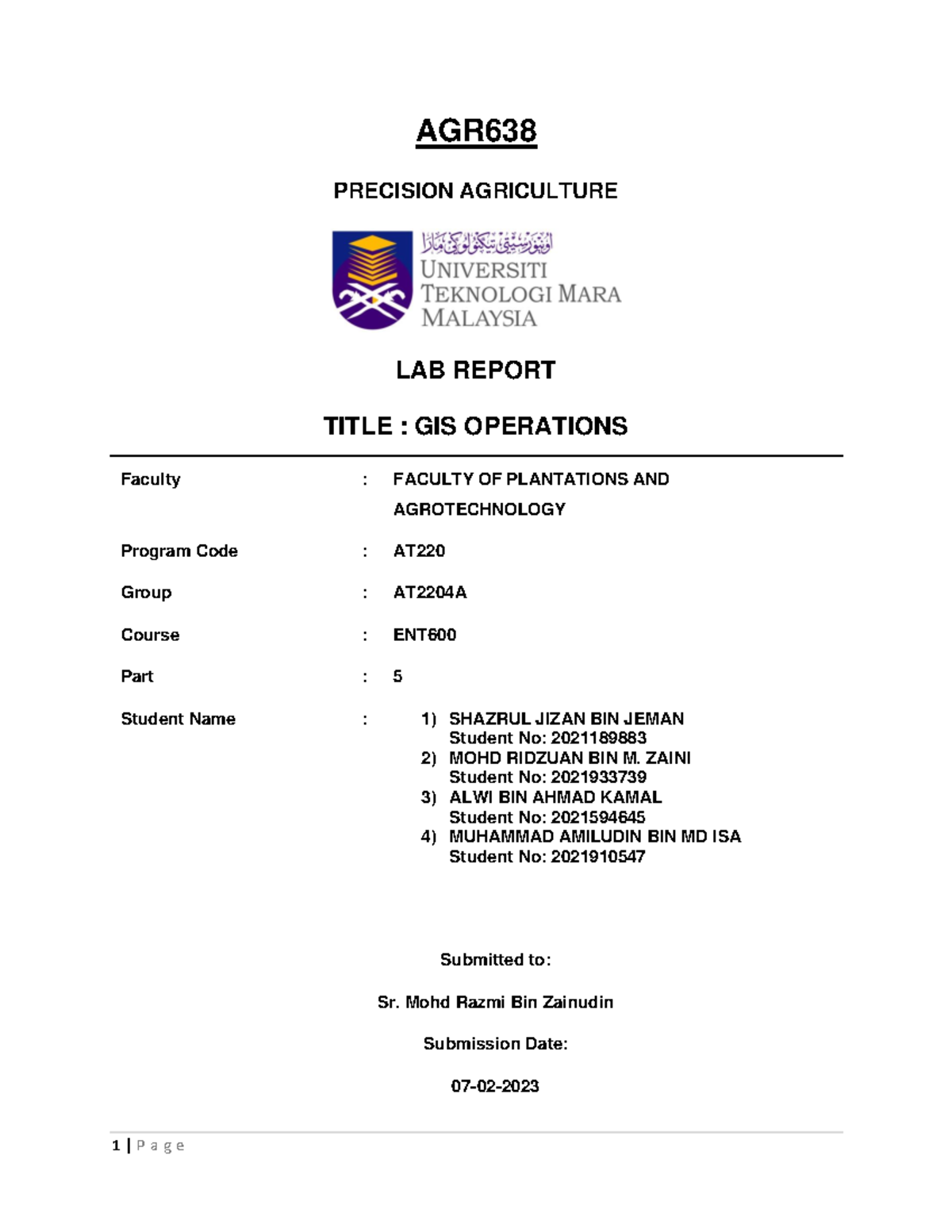 AGR638 LAB Report - AGR PRECISION AGRICULTURE LAB REPORT TITLE : GIS ...