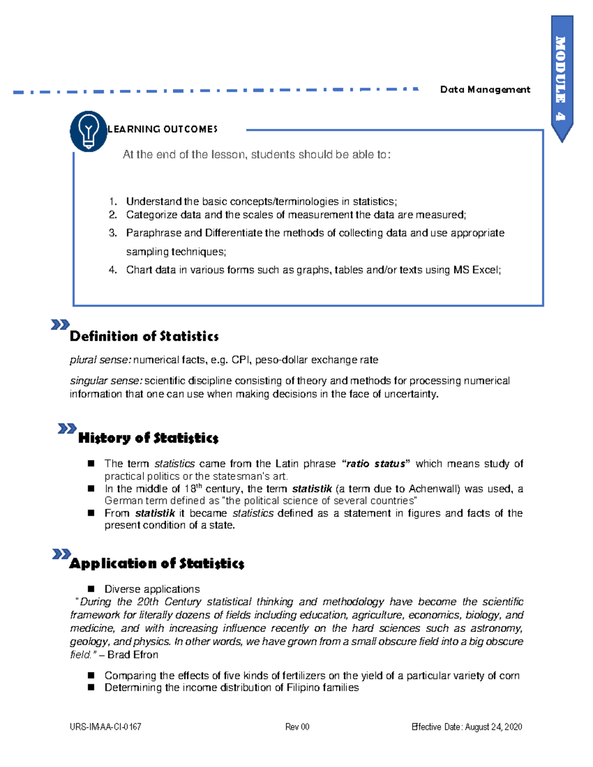 MATH 1 Module 4 6 - mmw - ####### Definition of Statistics plural sense ...
