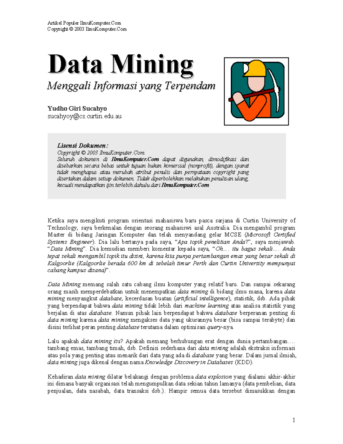 Yudho Datamining Konsep Data Mining Artikel Populer Ilmukomputer Copyright © 2003