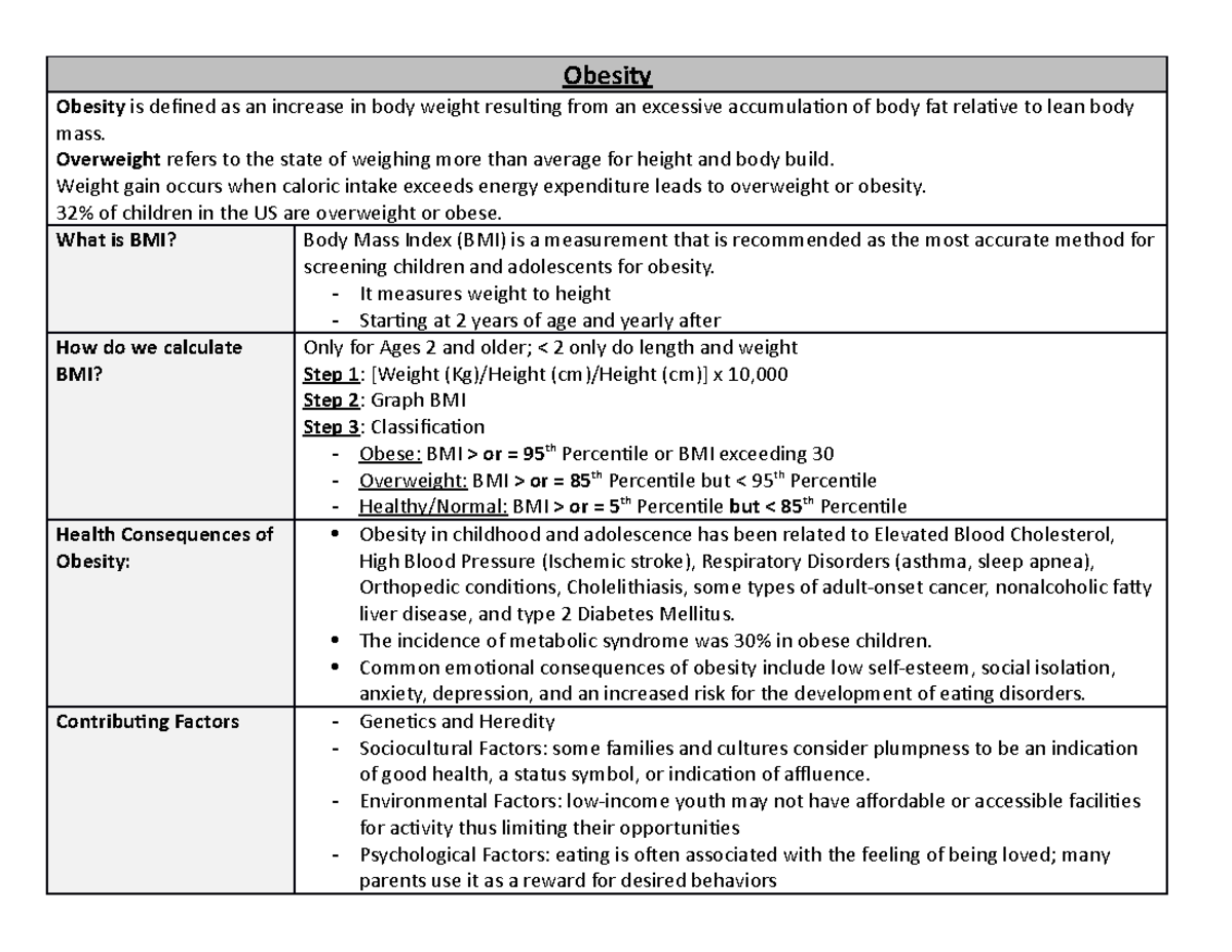 Nutrition Notes - Obesity Obesity is defined as an increase in body ...