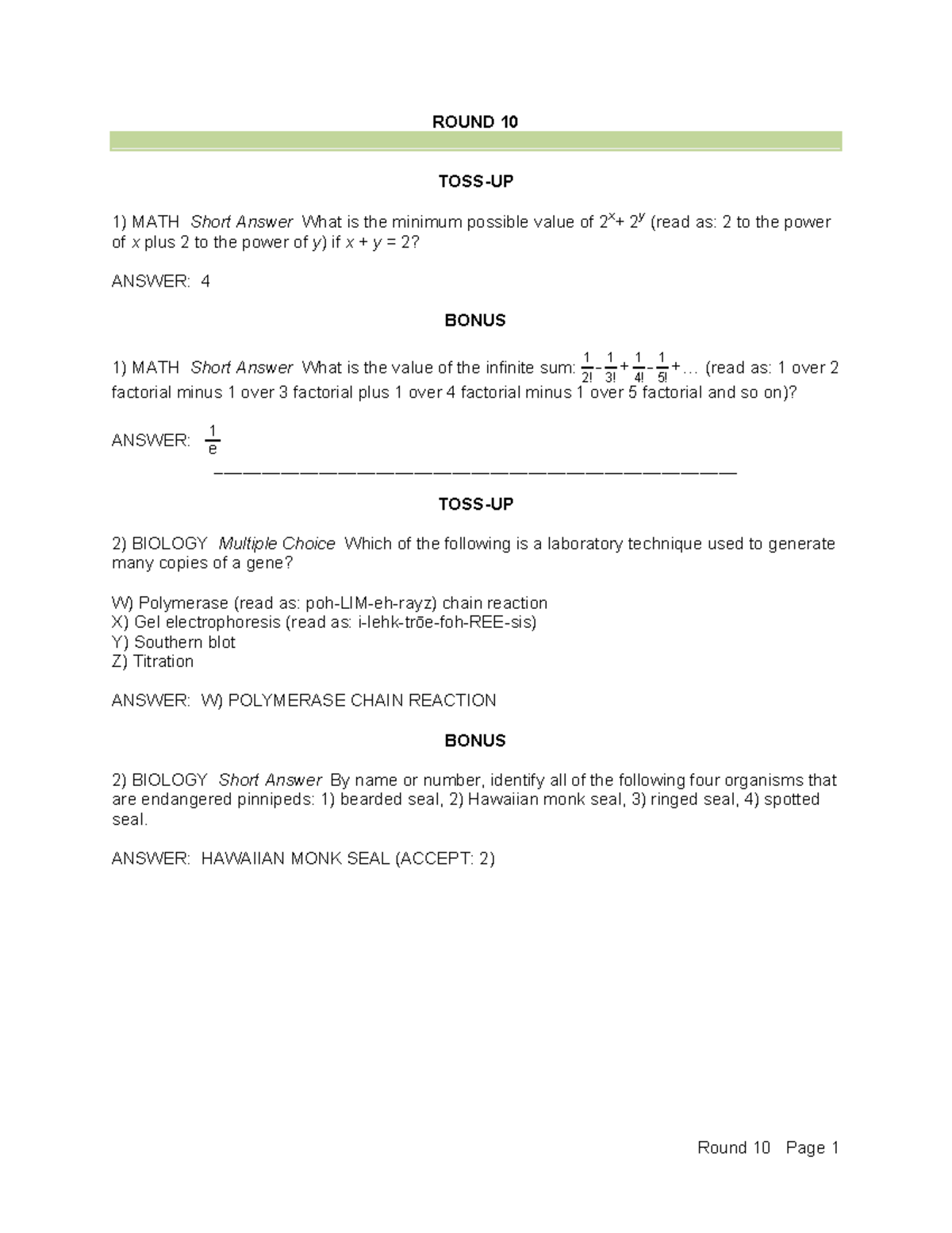 Round 10 - This is for the quiz under - ROUND 10 TOSS-UP MATH Short ...