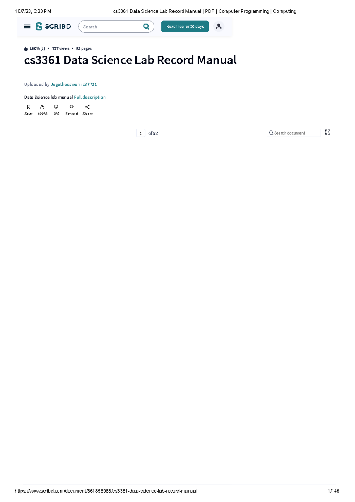 Data Science manual - QUESTION - 100% (1) · 737 views · 92 pages cs3361 Data Science Lab Record ...