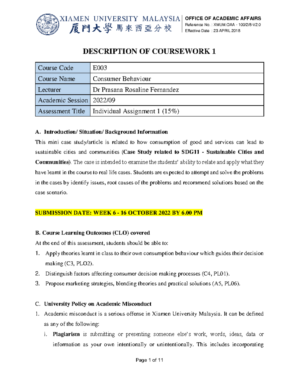 E003 Description of Coursework 1 (Case Study Individual Assignment) - DESCRIPTION OF COURSEWORK ...