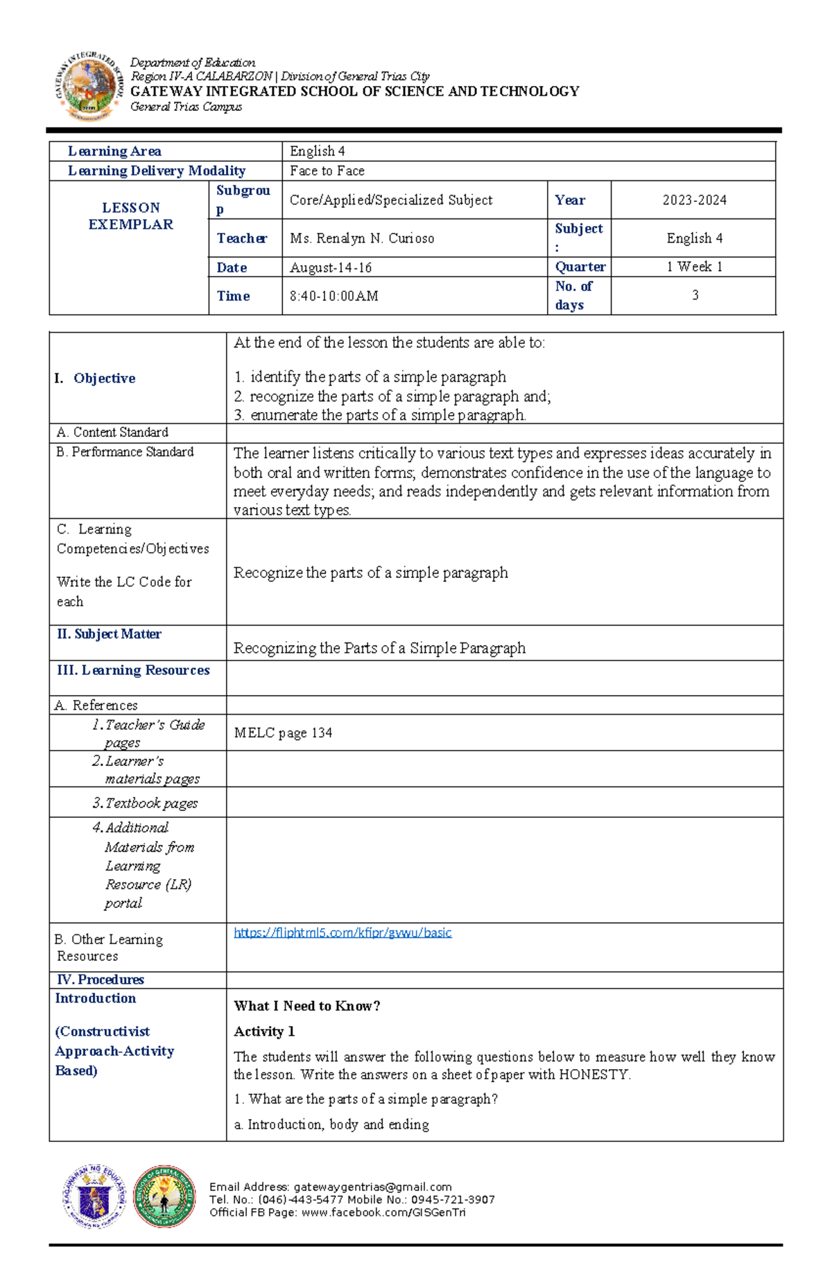 ENG 4 Q1 WEEK 1 - LESSON EXEMPLAR - Department of Education Region IV-A ...